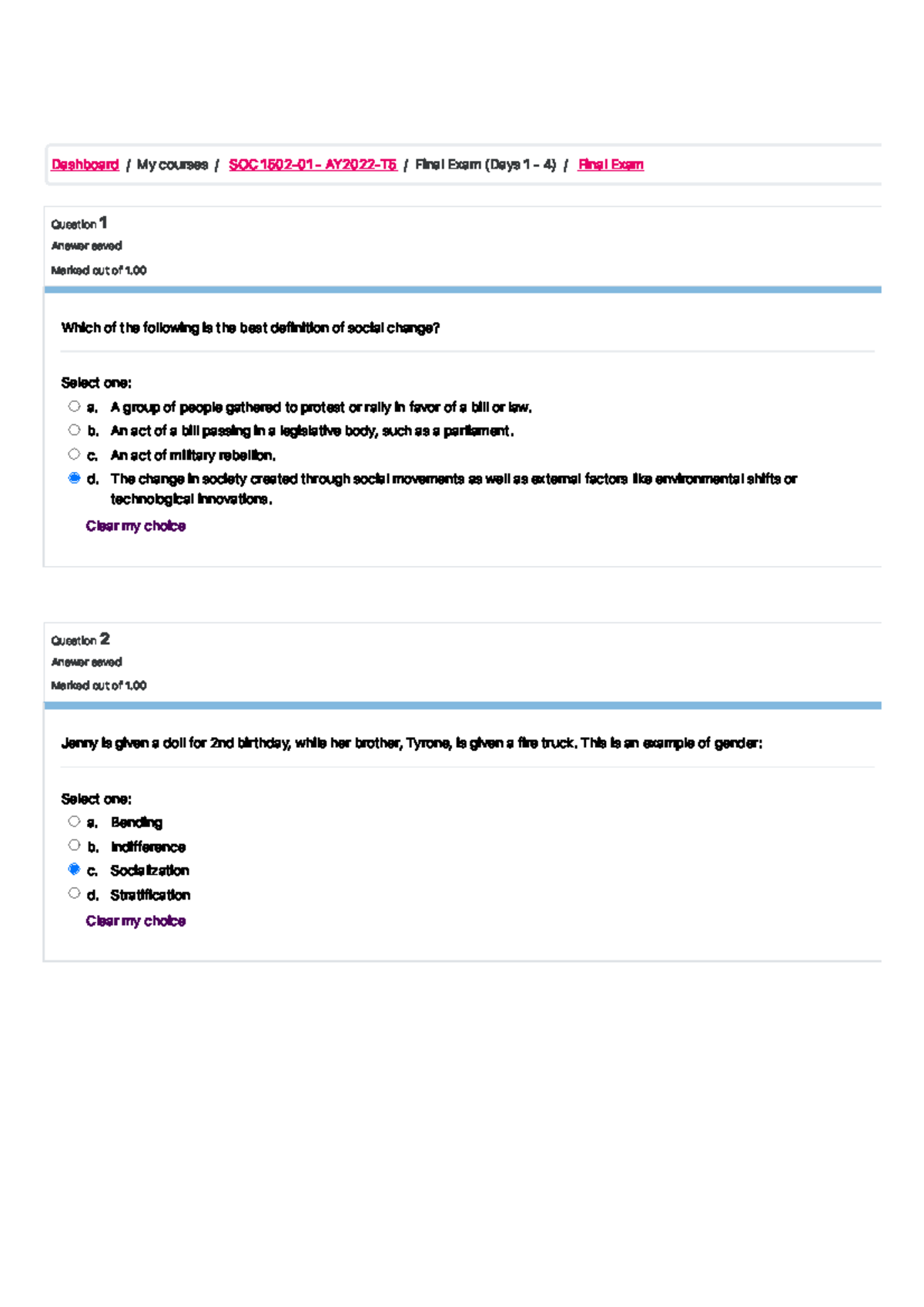 Final Exam (page 1 of 7) - Question 1 Answer saved Marked out of 1 ...
