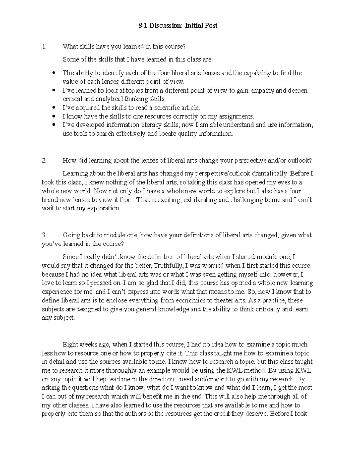 8-1 Initial Post - 8-1 Discussion: Initial Post What skills have you ...