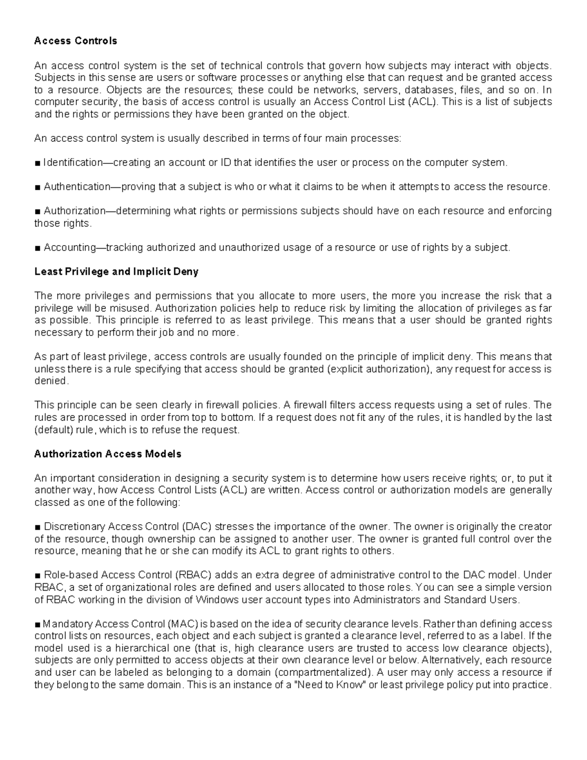 Week 13 Module - Note - Access Controls An access control system is the ...