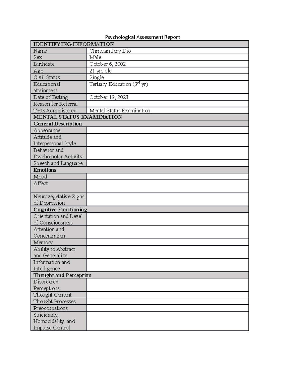 Client's information - psychology notes - Psychological Assessment ...
