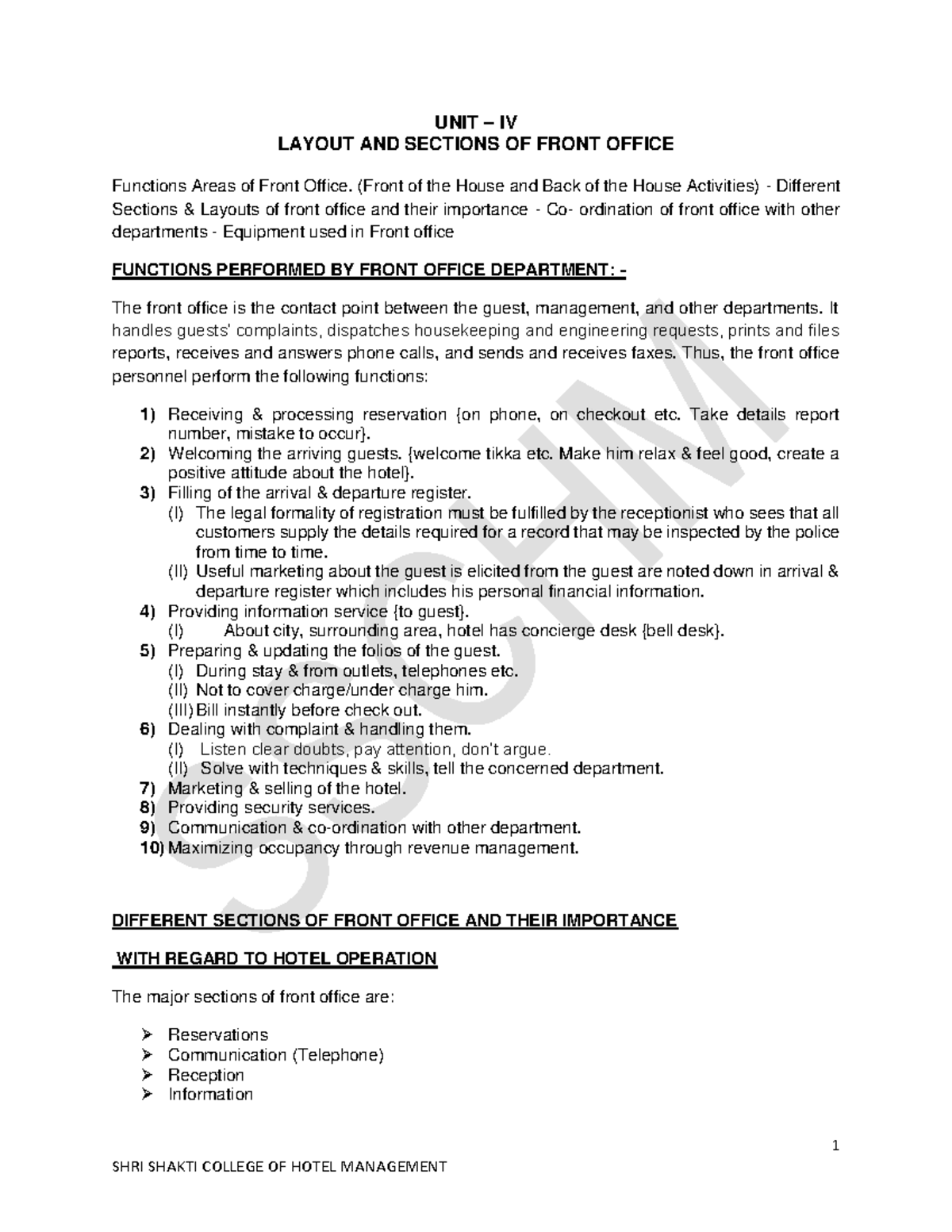 Lay out aand sections of hotel front office - 1 UNIT – IV LAYOUT AND ...