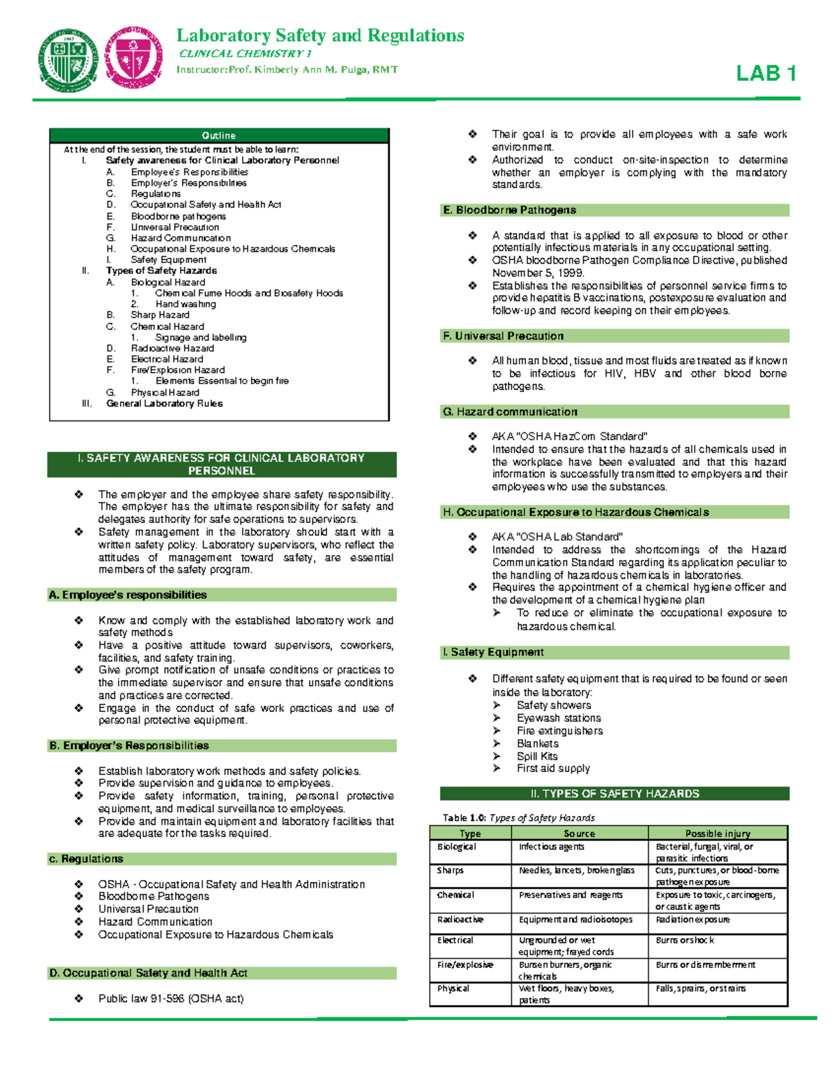 Clinical Chemistry Trans 1 - LAB - Outline At the end of the session ...