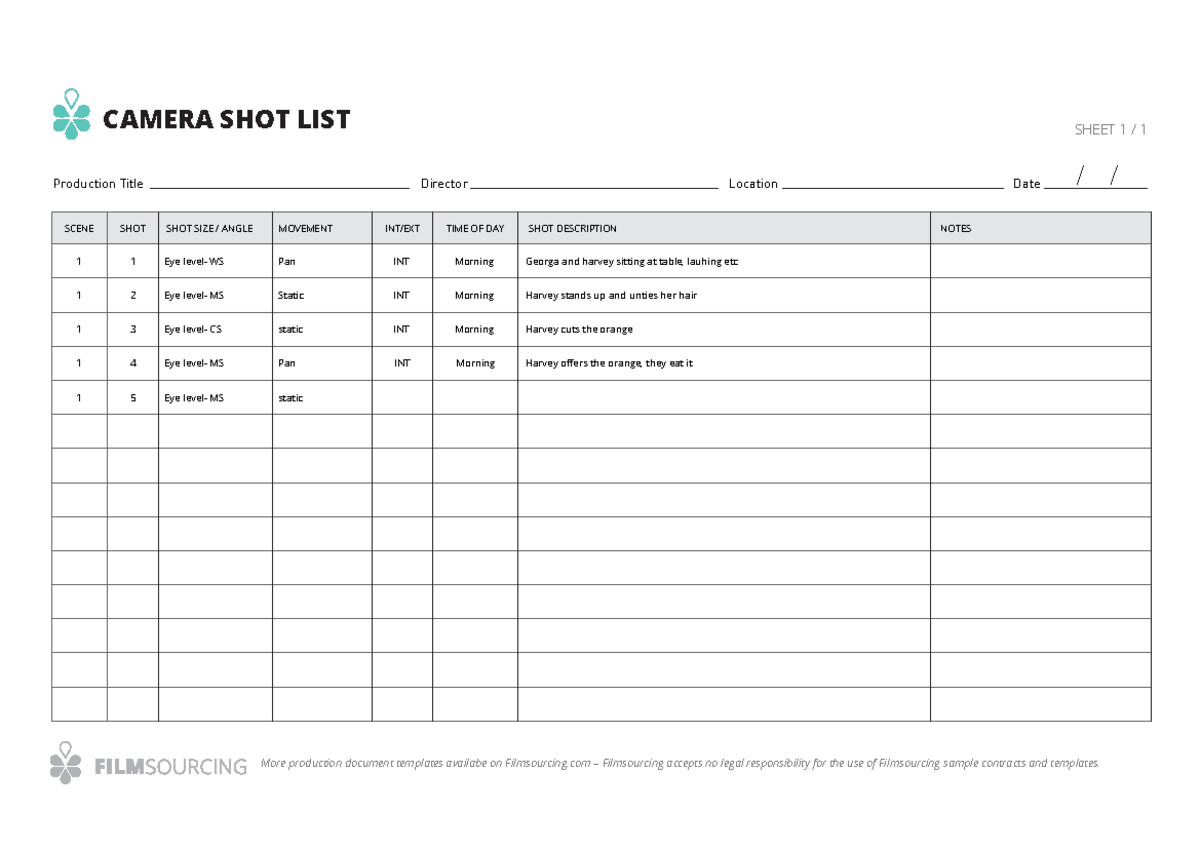 Filmsourcing Shot List- Advanced v - CAMERA SHOT LIST - Studocu