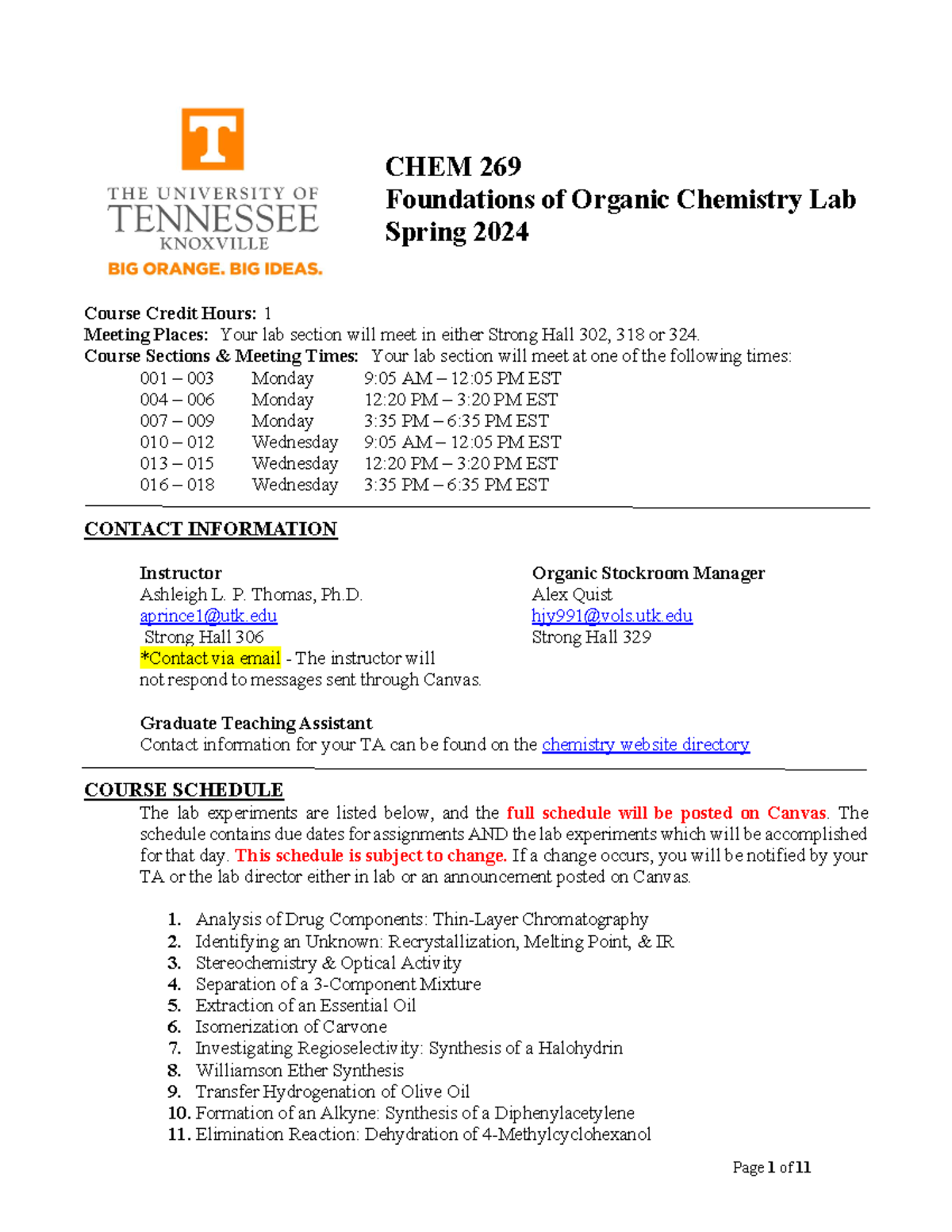 CHEM269 Syllabus Sp24 - CHEM 269 Foundations of Organic Chemistry Lab ...