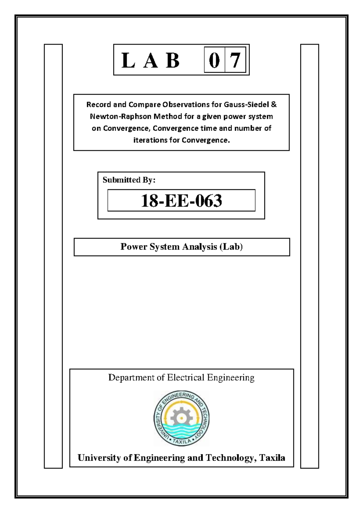 PSA LAB 7 - Power system analysis lab 07 - Department of Electrical ...