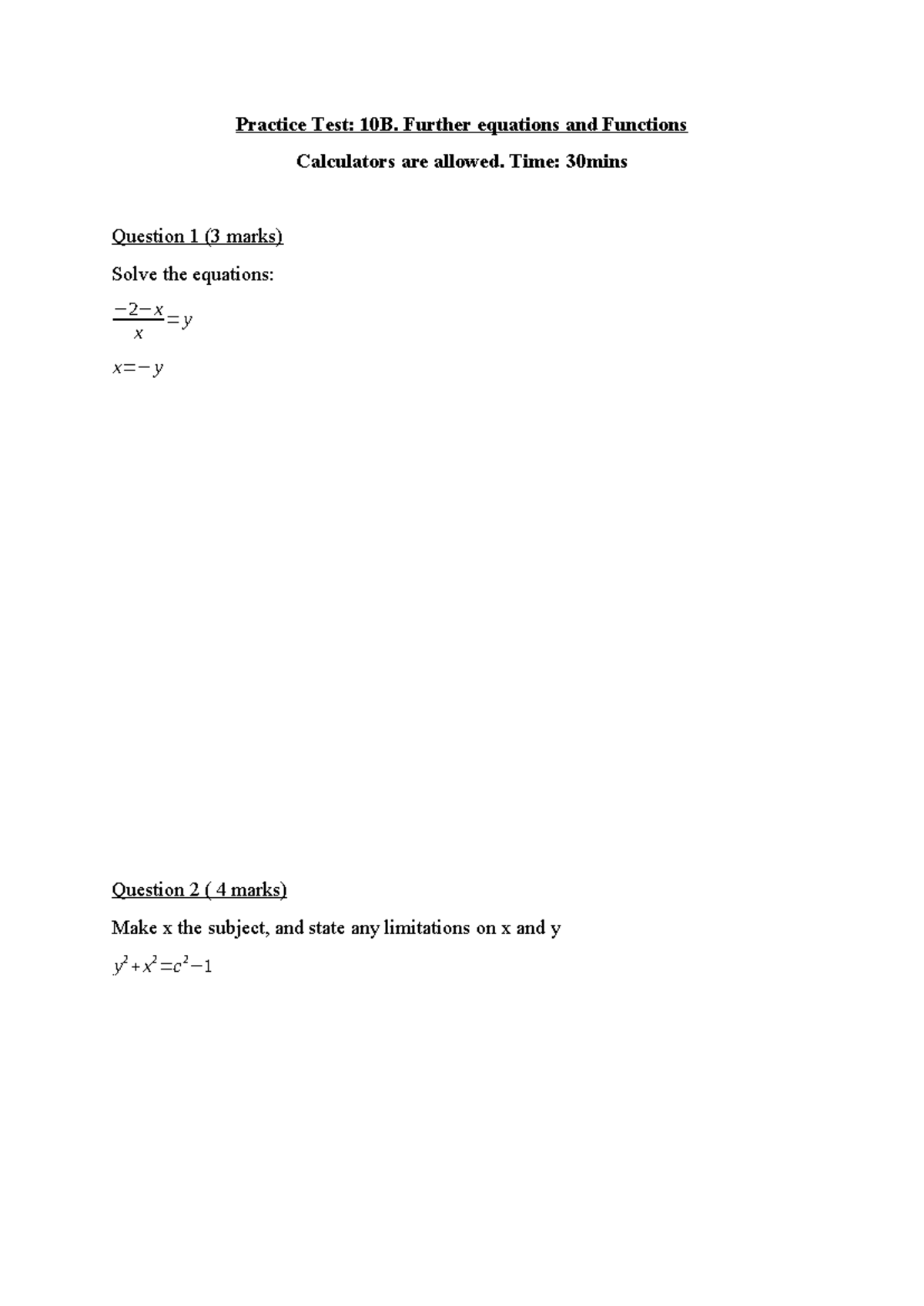 Class test functions - Practice Test: 10B. Further equations and ...