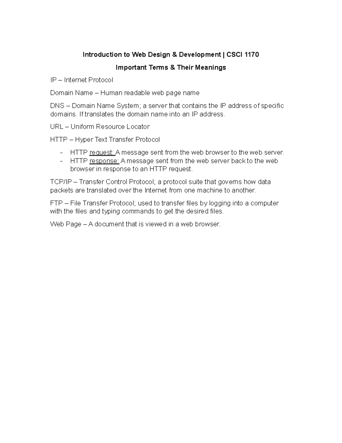 CSCI 1170 note2 - Important terms and their functional meanings. - Introduction to Web Design ...