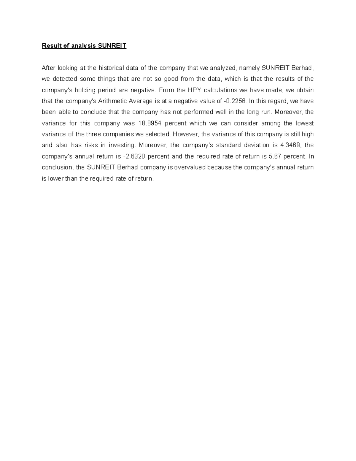 Analysis Sunreit - FIN327 - Result of analysis SUNREIT After looking at ...