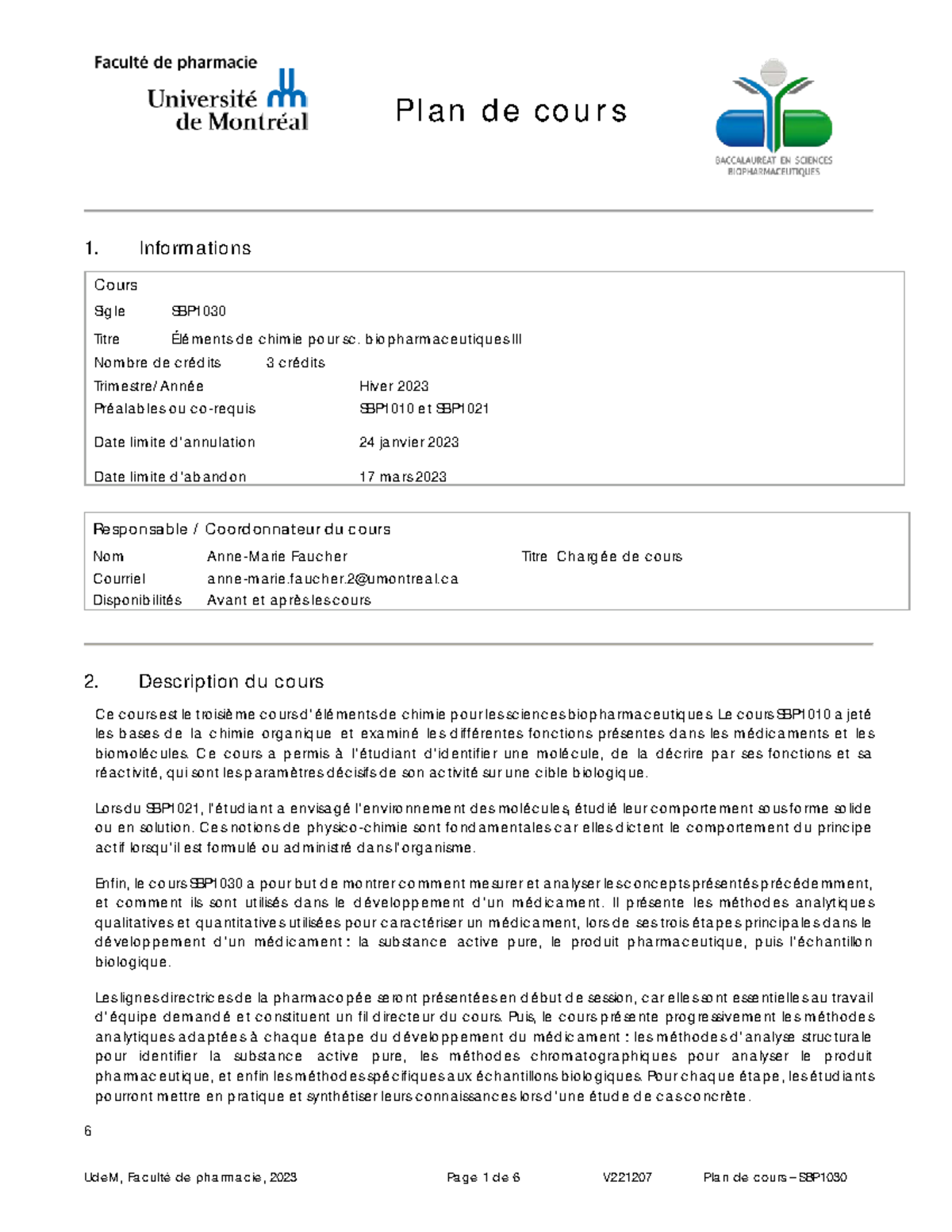 SBP1030 PDC - Plan de cours - Pla n de cou r s 1. Info rm a tio ns C o ...