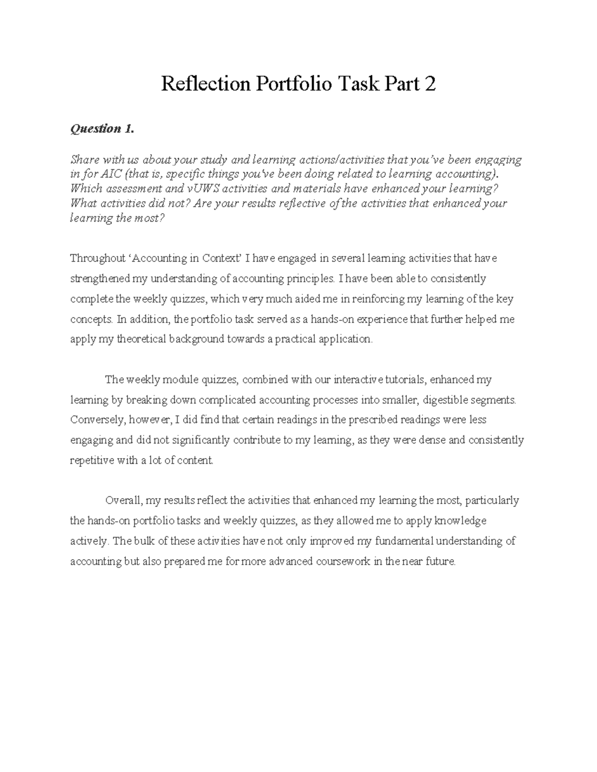 Reflection Portfolio Task Part 2 - Share with us about your study and ...