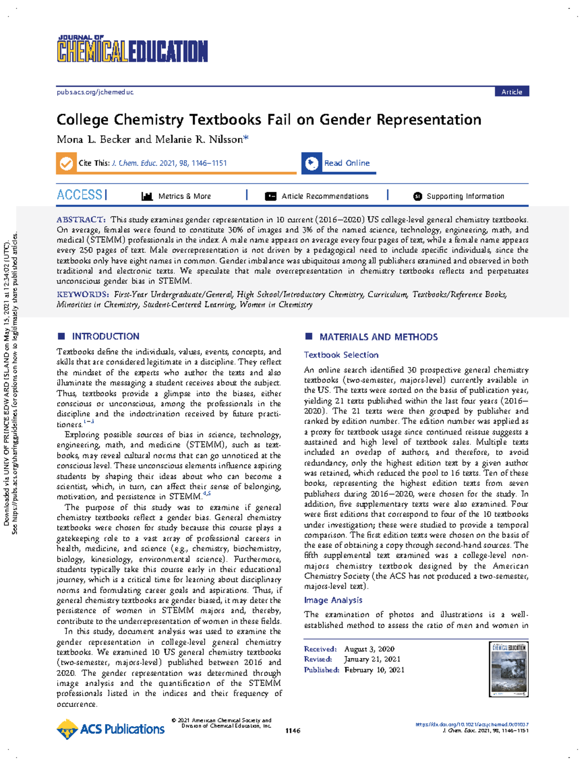 College Chemistry Textbooks Fail on Gender Representation - Becker and ...