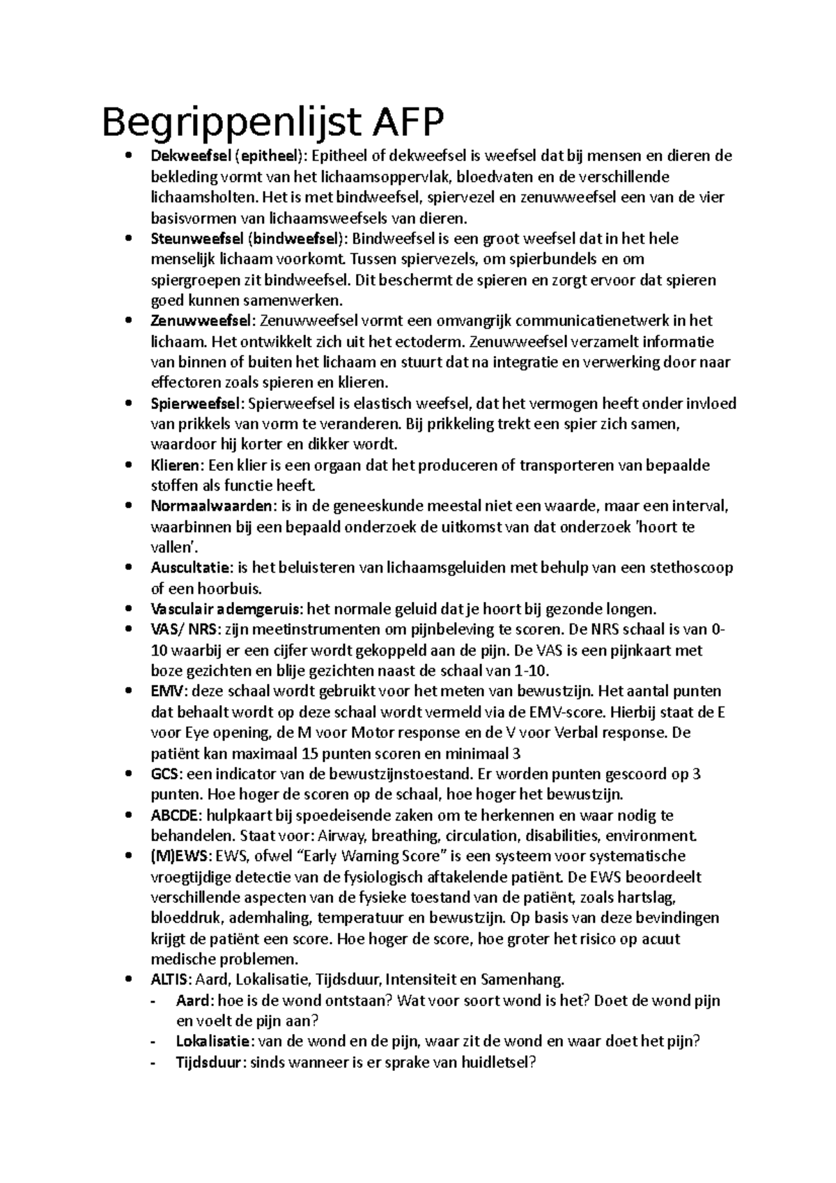 Begrippenlijst AFP - Begrippenlijst AFP Dekweefsel (epitheel): Epitheel ...