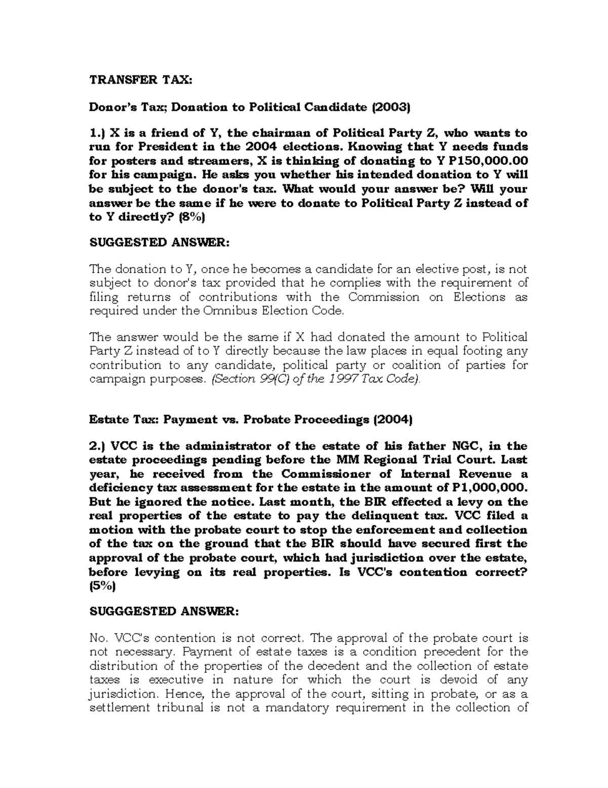 Taxation Laws 2 - TRANSFER TAX: Donor’s Tax; Donation to Political ...