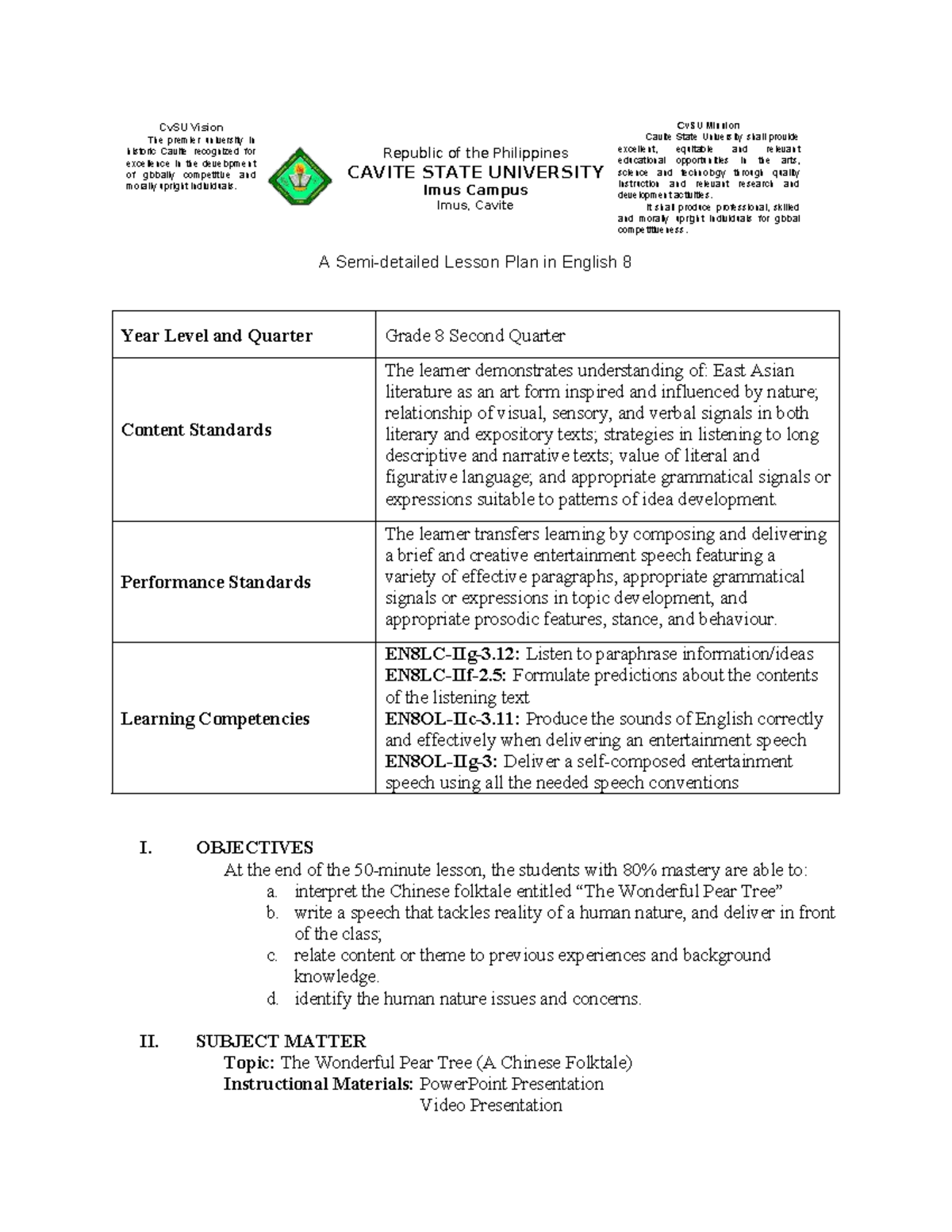 Semi-Detailed Lesson Plan in English 8 - Performance Standards The ...
