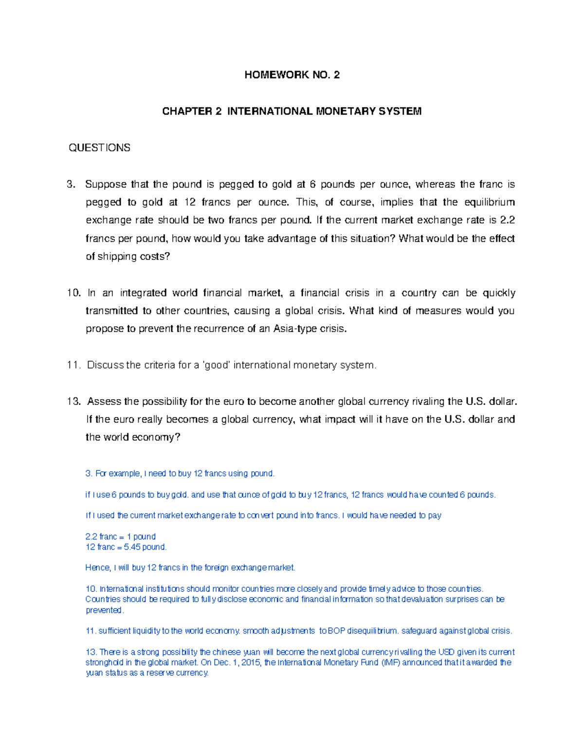 Homework No. 2 - HOMEWORK NO. 2 CHAPTER 2 INTERNATIONAL MONETARY SYSTEM ...