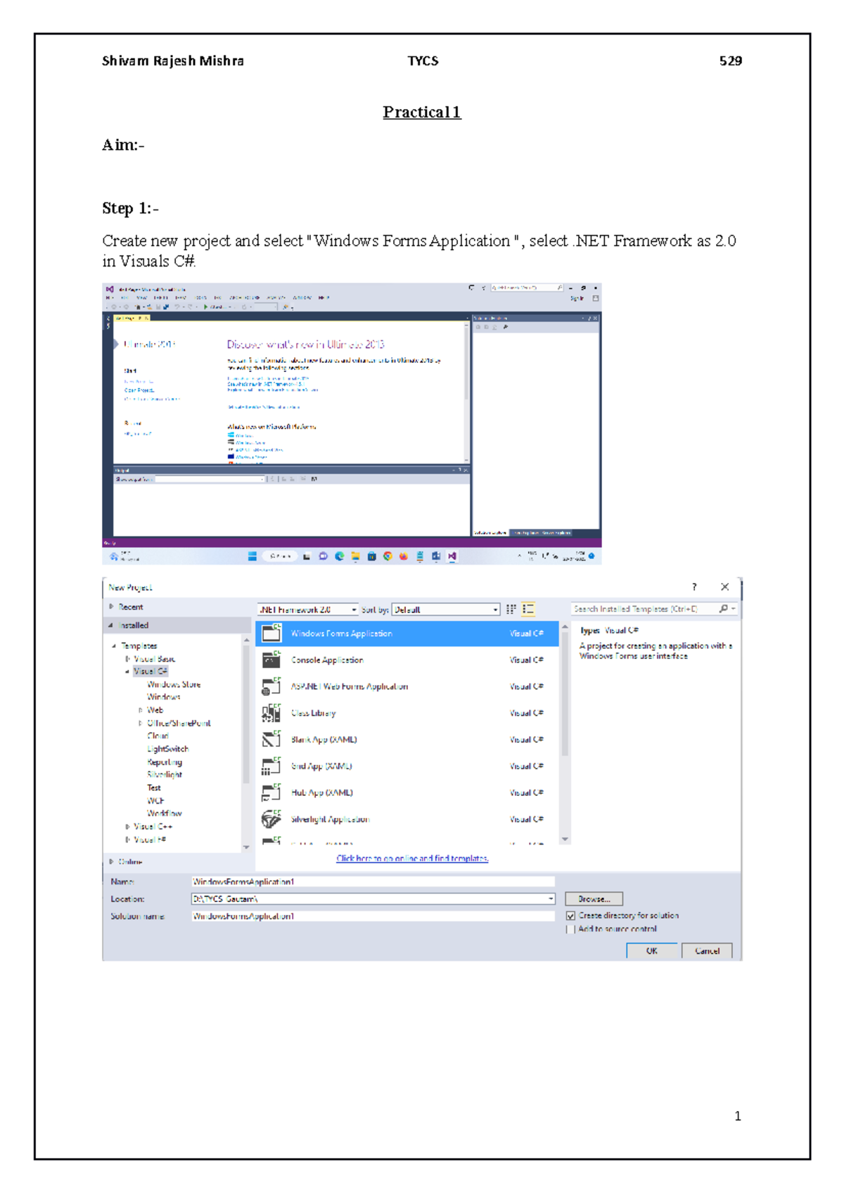 GP Journal - Practical 1 Aim:- Step 1:- Create new project and select ...
