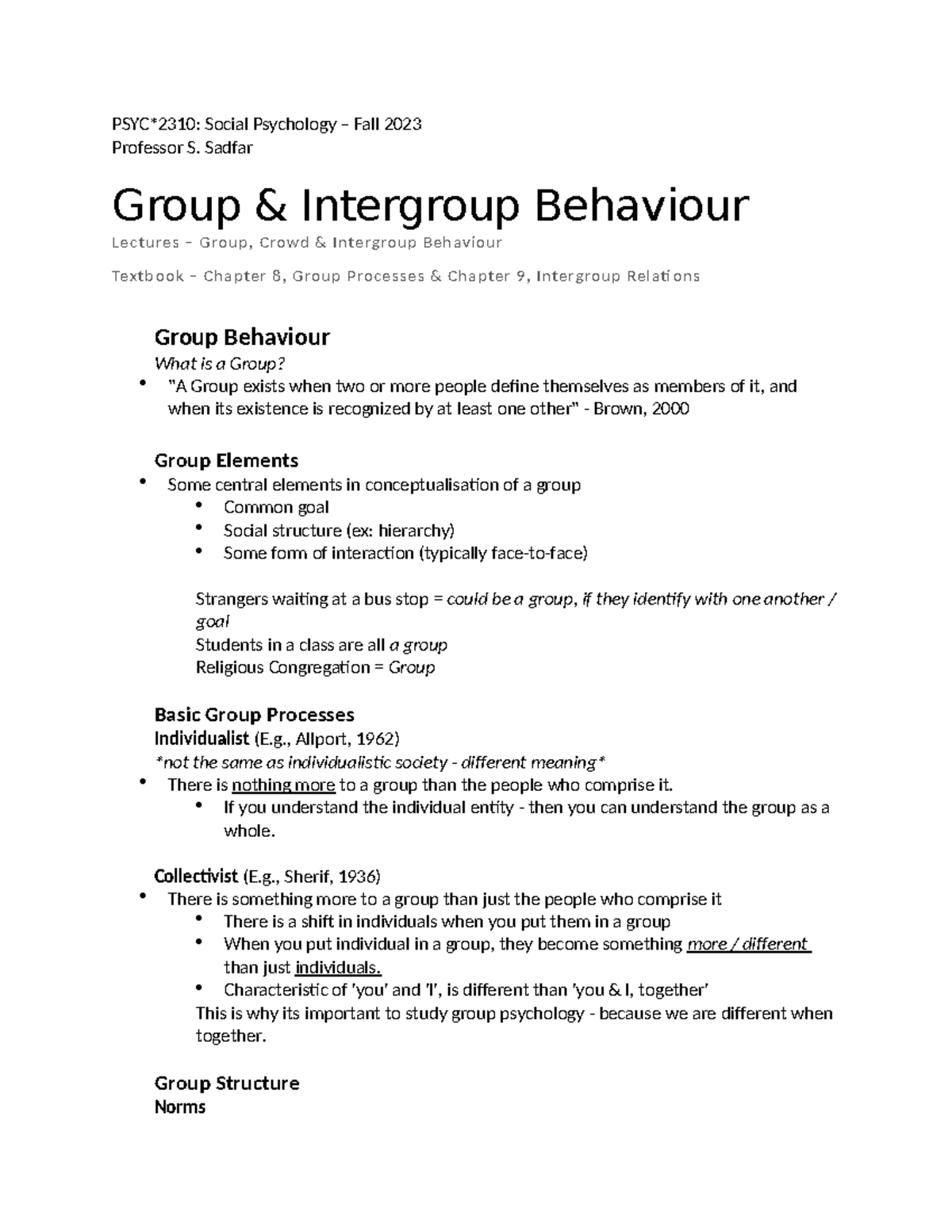 PSYC2310 Lecture and Chapter 8 and 9 Group Crowd and Intergroup ...