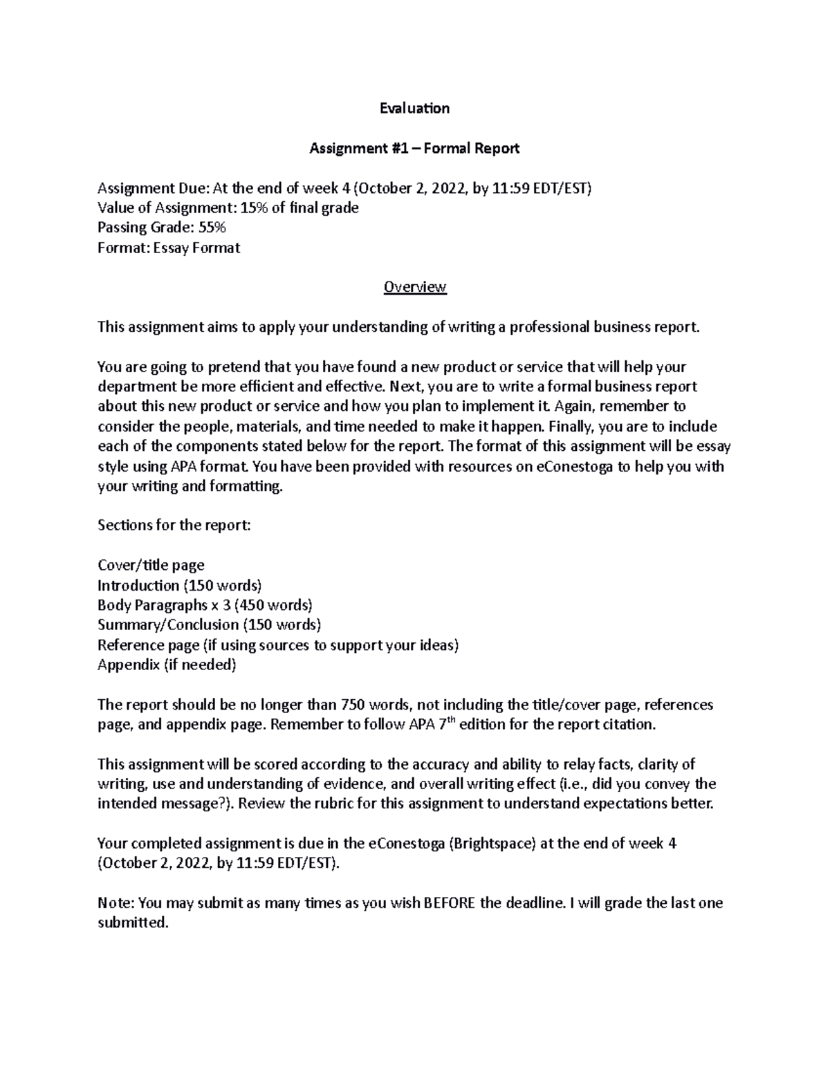 Assignment #1 - Formal Reports 2022 - Evaluation Assignment #1 – Formal ...