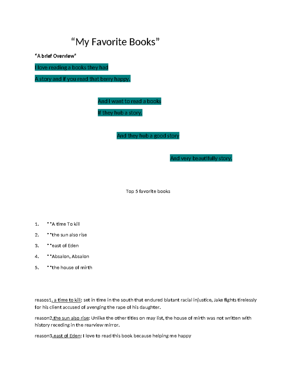 My Favorite Books - SHORT STORY - “My Favorite Books” “A brief Overview ...