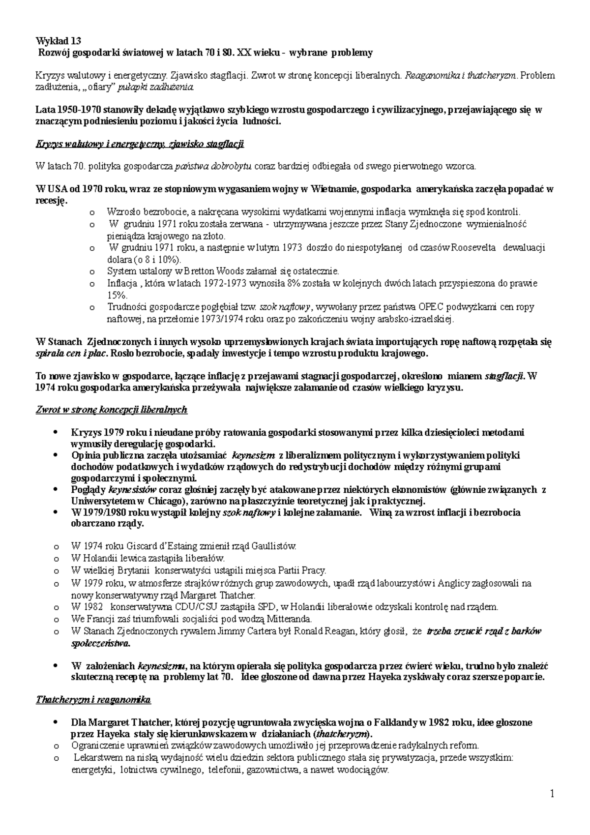 13. Thatcheryzm, reaganomika - Wykład 13 Rozwój gospodarki światowej w ...