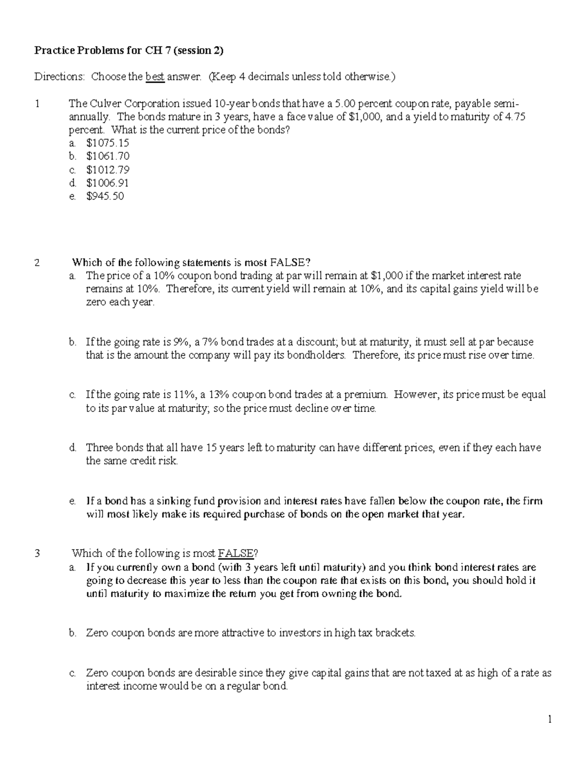 Practice Problems for CH 7 (Bonds - session 2) - 1 Practice Problems ...