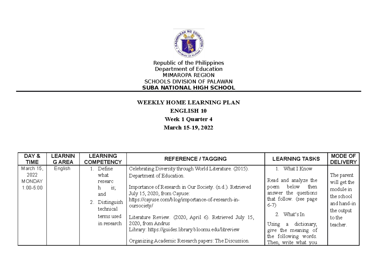 Weekly Home Learning Plan Week 1 - Republic of the Philippines ...
