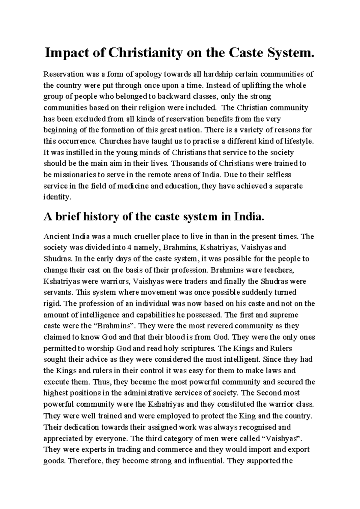 Report - Cast System - Impact of Christianity on the Caste System ...
