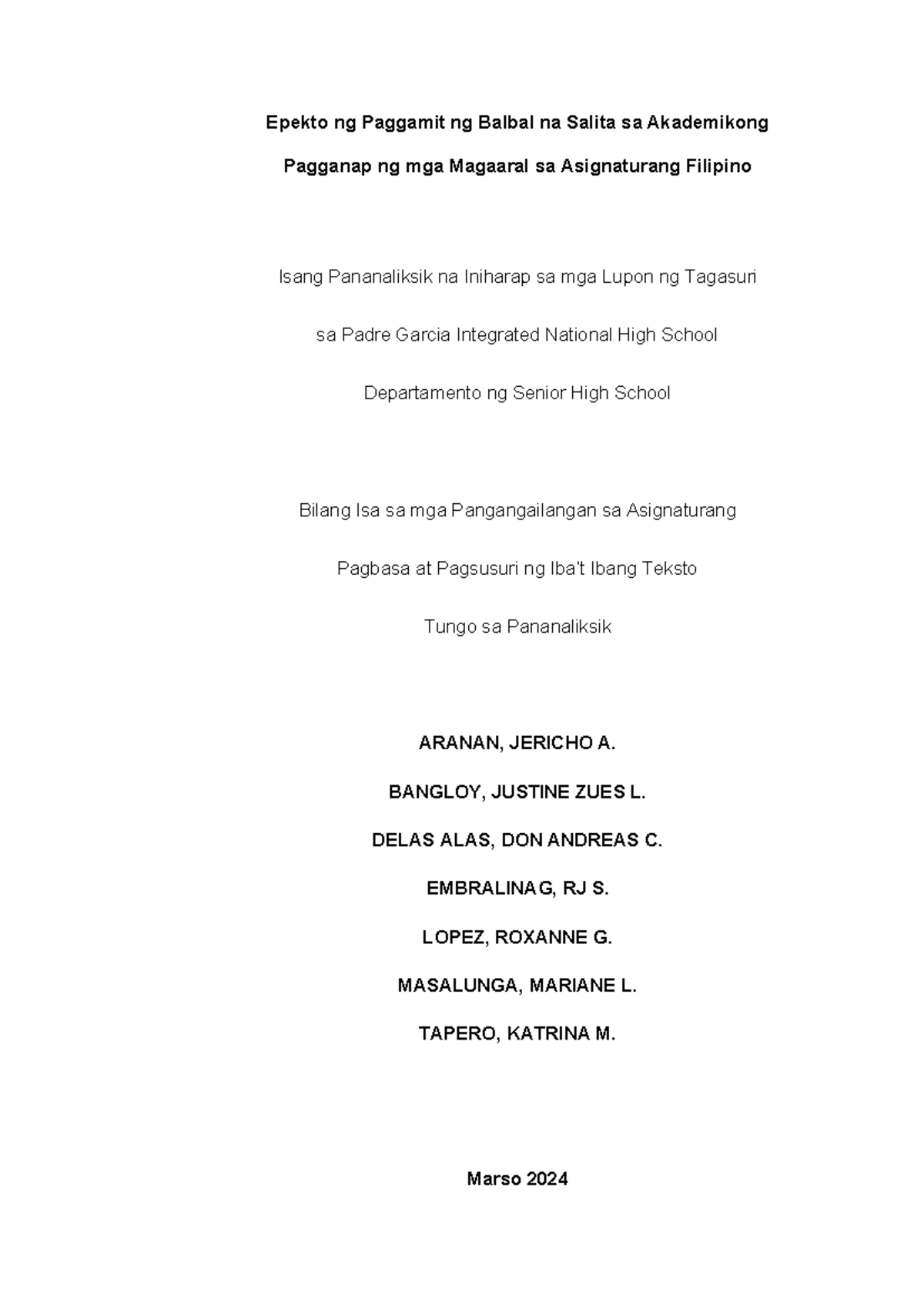 G1 Thesis - ghghj - Epekto ng Paggamit ng Balbal na Salita sa ...