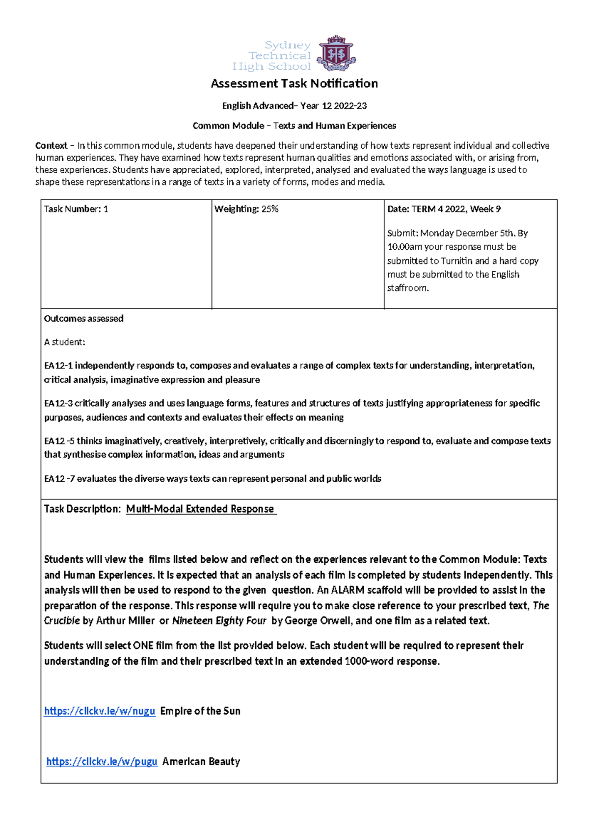 2023 Advanced Task 1 Common Module - Assessment Task Notification ...