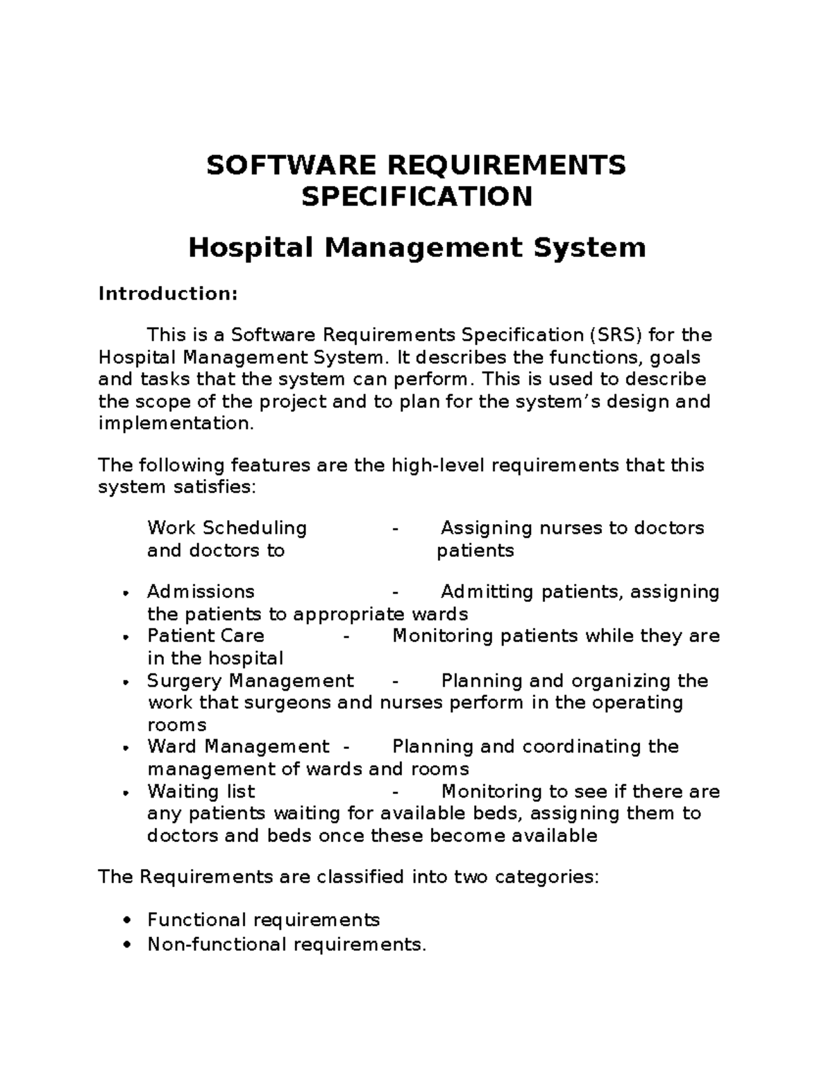 Sample SRS - SOFTWARE REQUIREMENTS SPECIFICATION Hospital Management ...