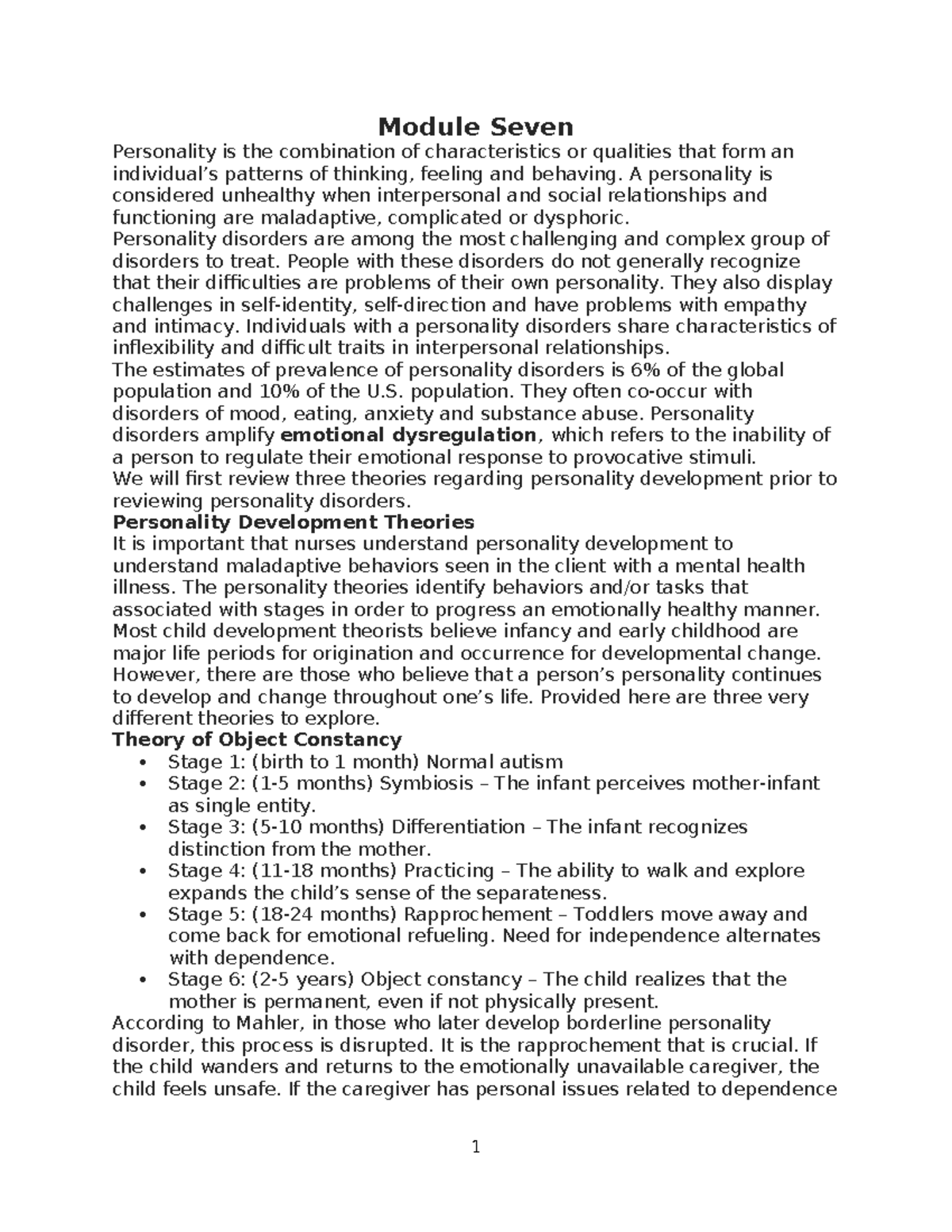 Module Seven condensed readings - Module Seven Personality is the combination of characteristics ...