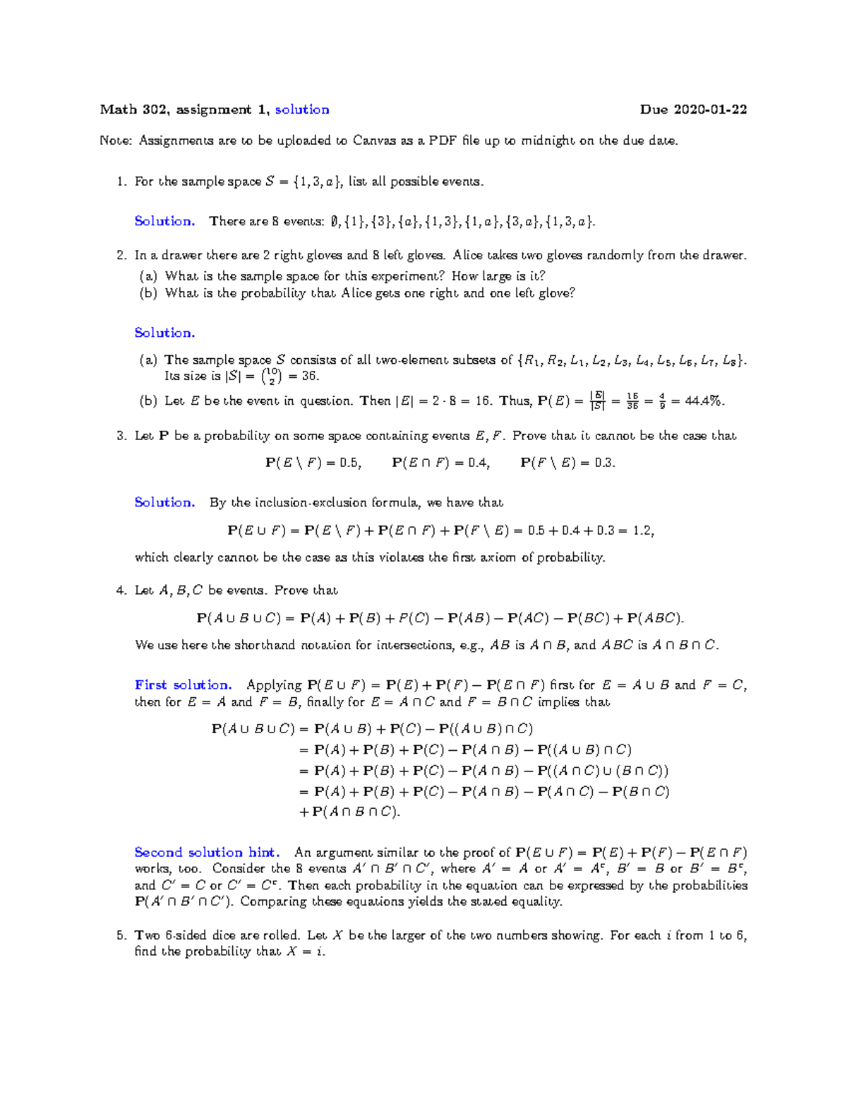 Sol1 - assignment solution - Math 302, assignment 1,solution Due 2020 ... Sol1 - assignment solution - Math 302, assignment 1,solution Due 2020 ...