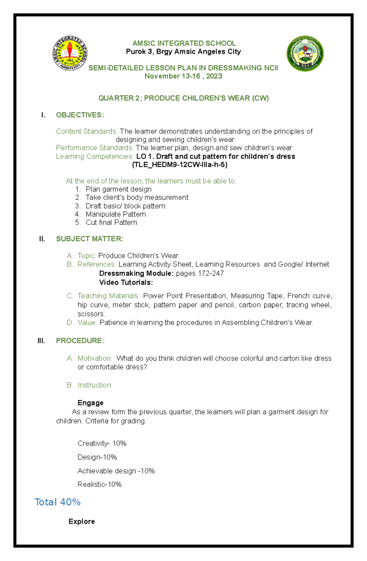 10 - lesson plan in dressmaking - AMSIC INTEGRATED SCHOOL Purok 3, Brgy ...