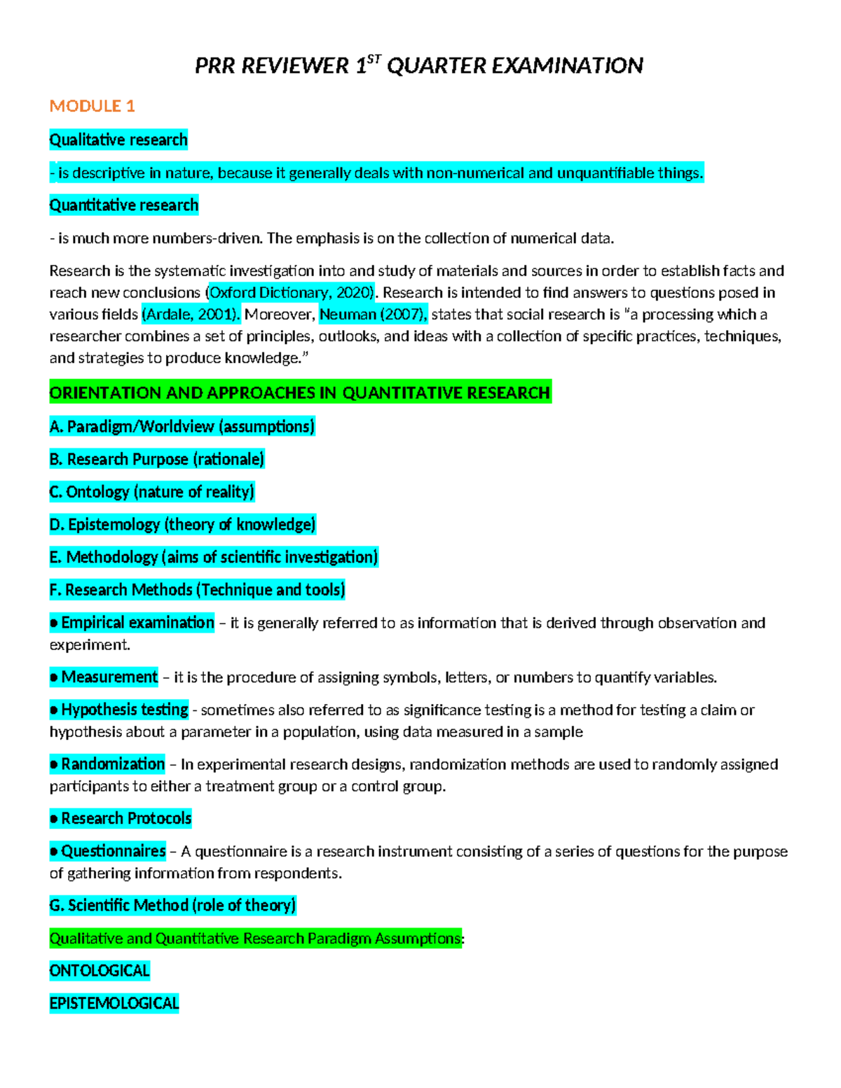 PRR Reviewer - PRR REVIEWER 1 ST QUARTER EXAMINATION MODULE 1 Qualitative research is ...