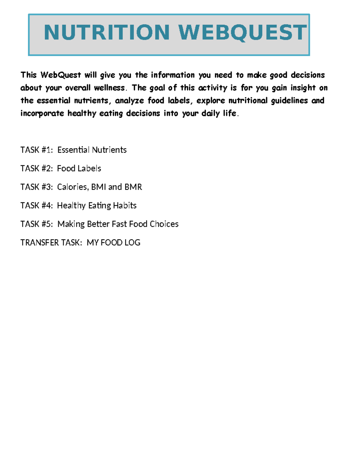 Nutrition Webquest 2017 shortened version - NUTRITION WEBQUEST This ...