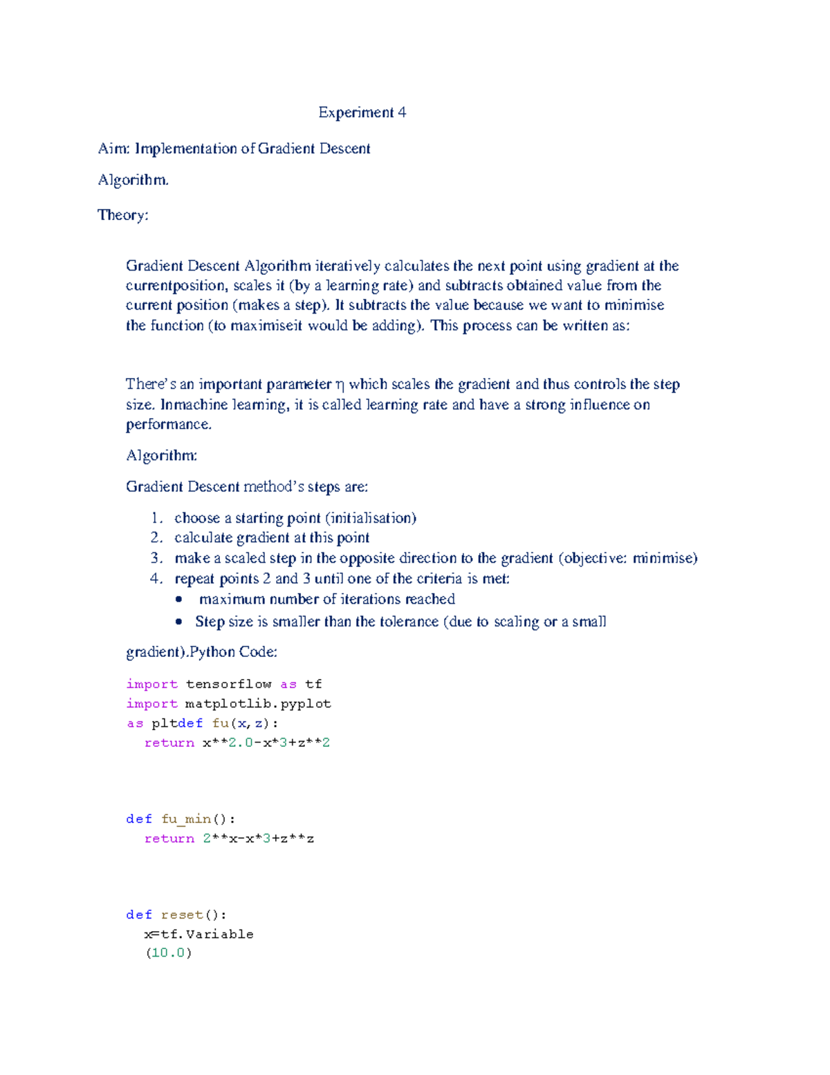 Experiment 4 dl - Experiment 4 Aim: Implementation of Gradient Descent Algorithm. Theory ...
