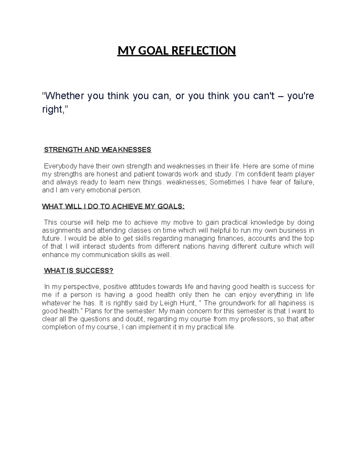 MY GOAL Reflection - i want to make assignment for my study purpose ...