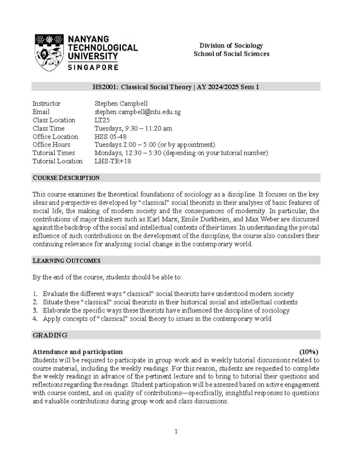 HS2001 Syllabus - AY 2024-25 Sem 1 - Division of Sociology School of ...