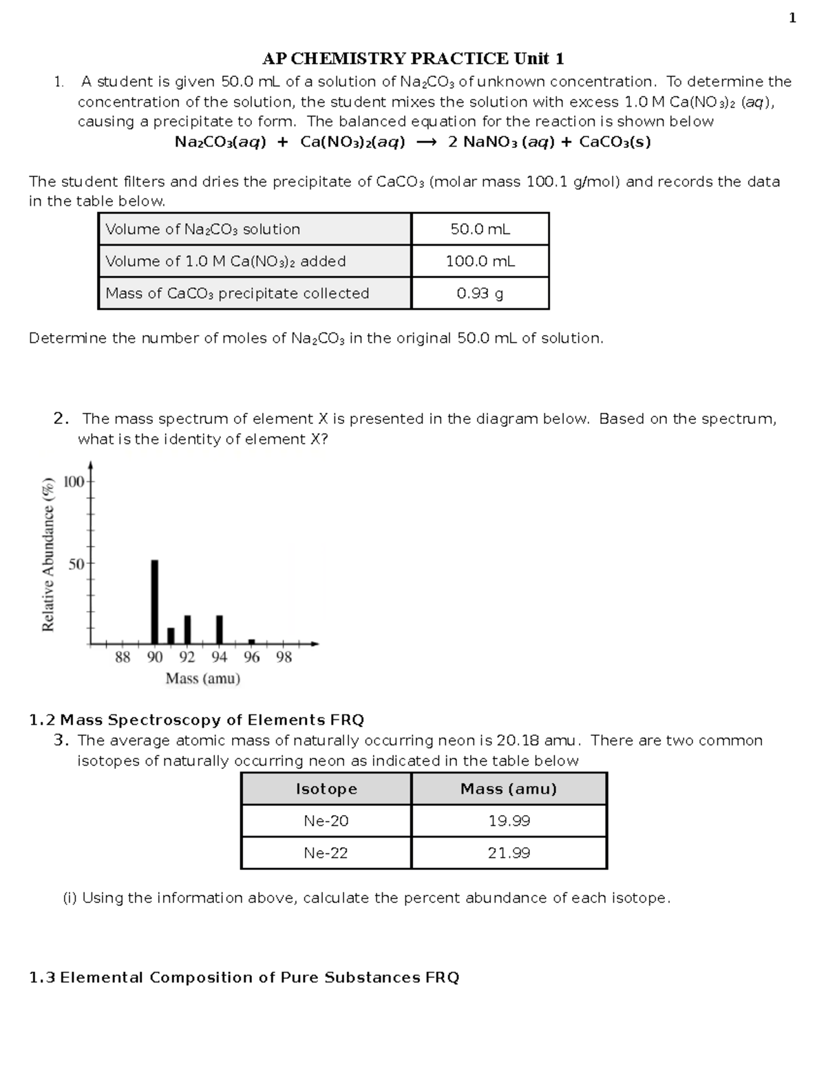 Unit 1 Review - AP CHEMISTRY PRACTICE Unit 1 1. A student is given 50 ...