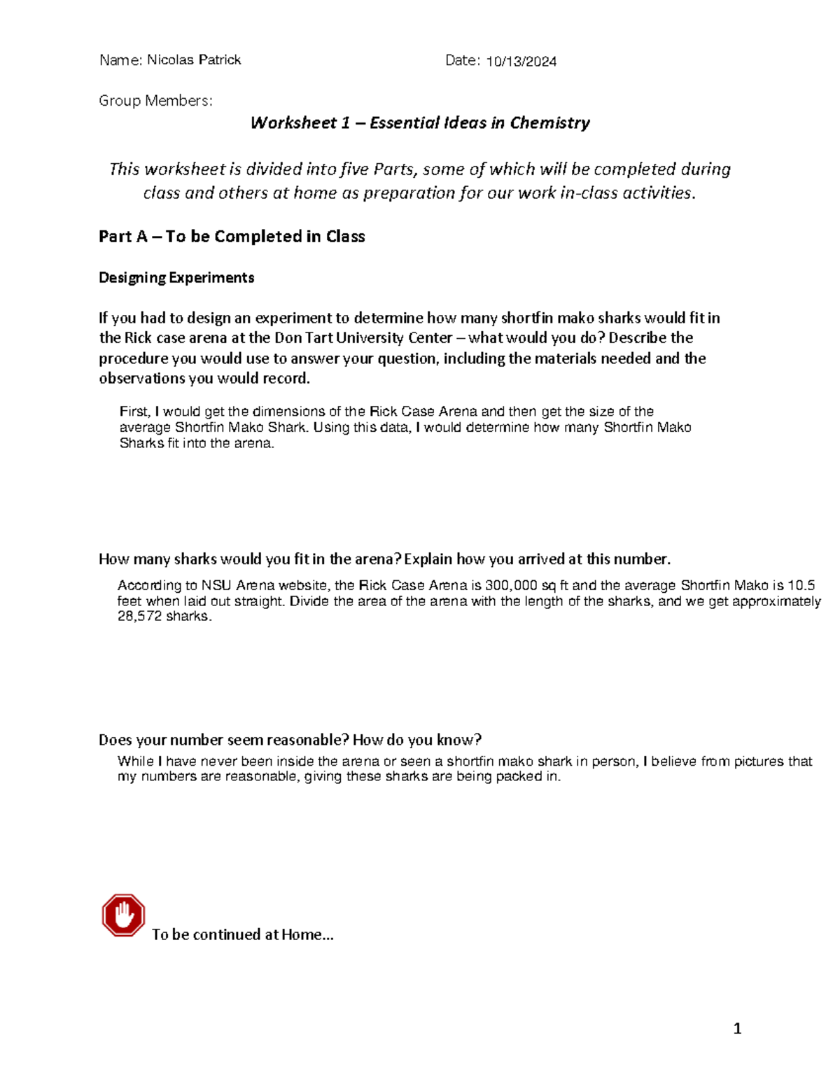 Worksheet 1- Essential Ideas in Chemistry - Group Members: Worksheet 1 ...