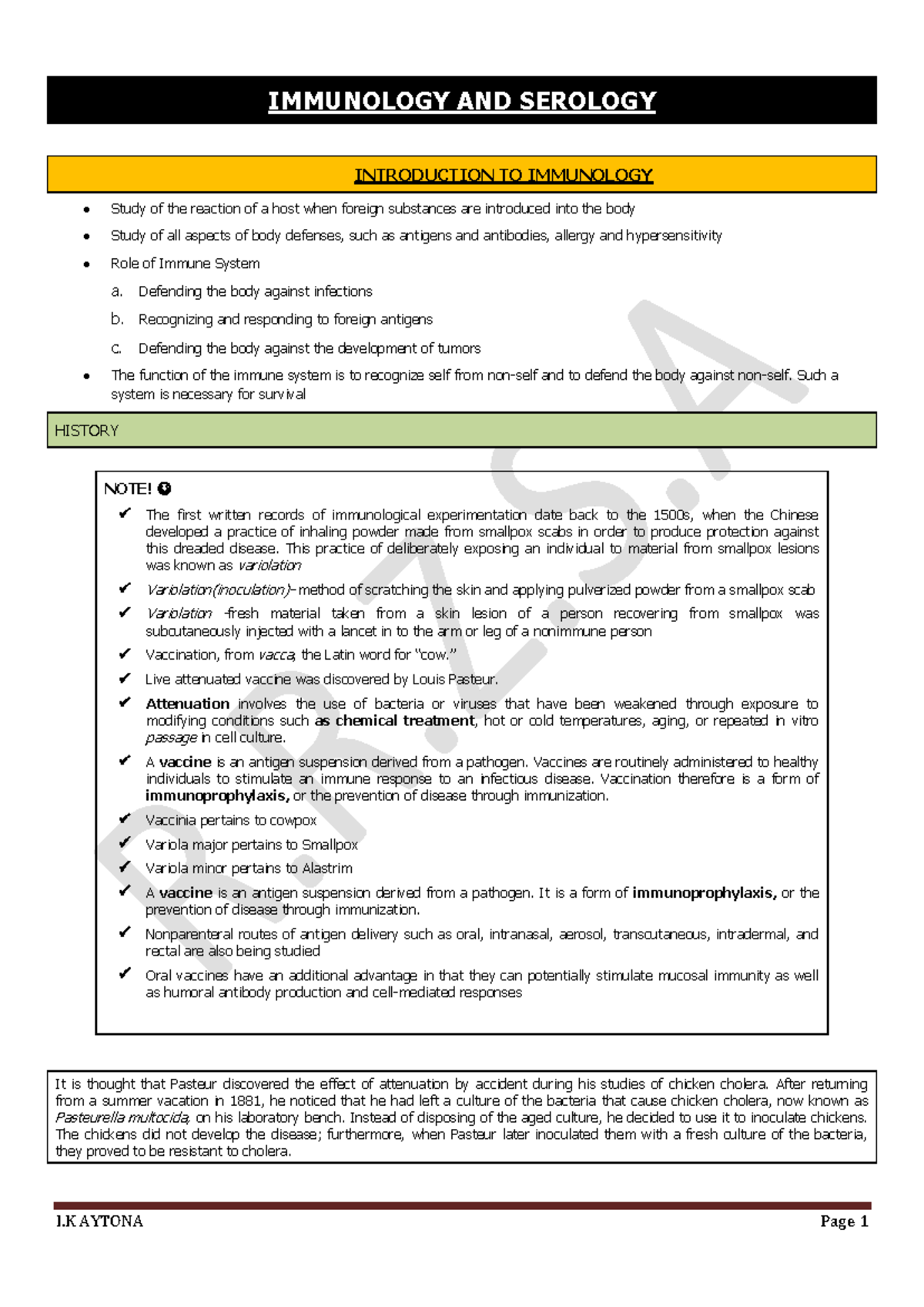 IMS- August-2021 - sir aytona - IMMUNOLOGY AND SEROLOGY INTRODUCTION TO IMMUNOLOGY Study of the ...