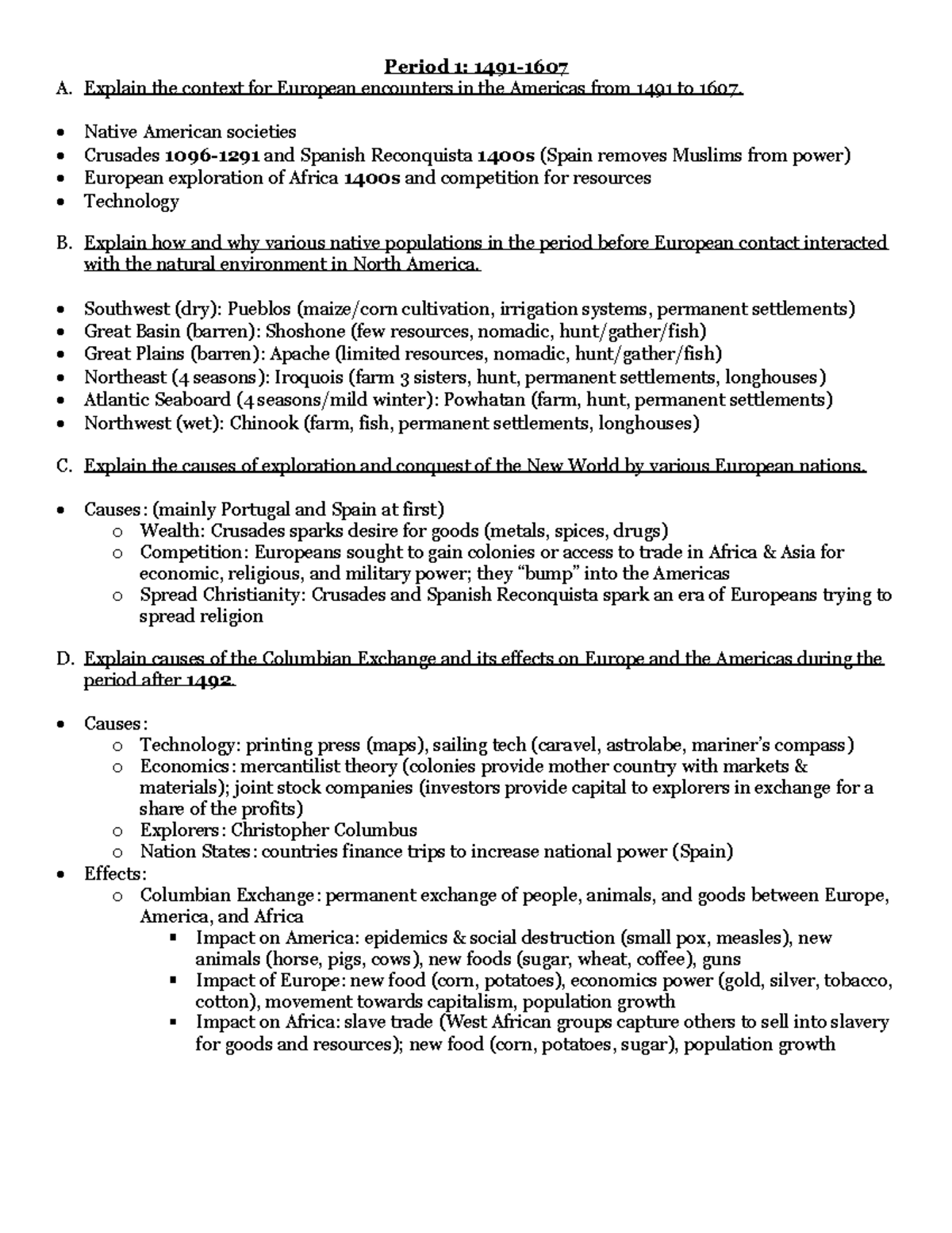 P1 Study Guide - N/A - Period 1: 1491- 1607 A. Explain the context for ...