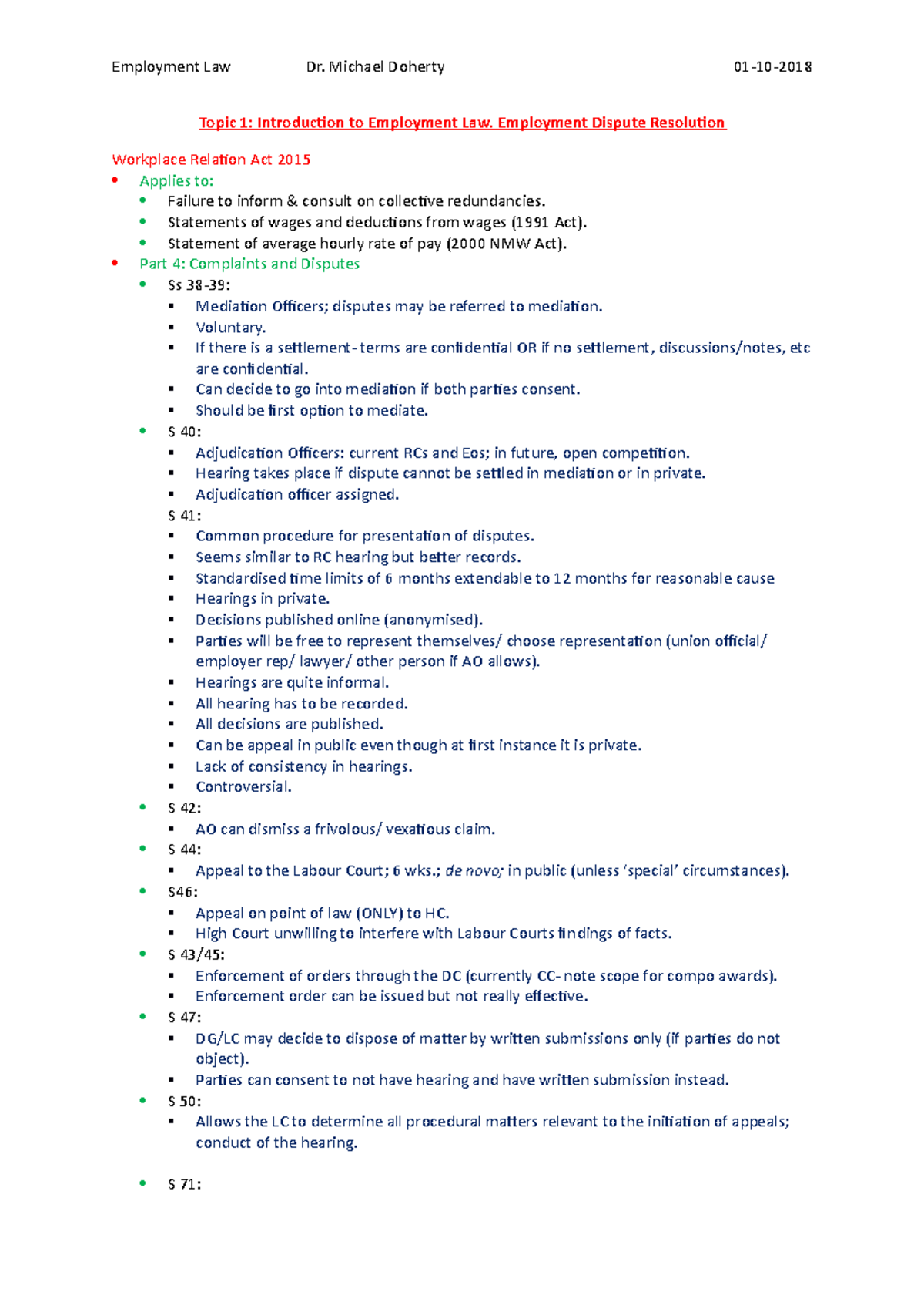 Lecture 3- 01-10-2018 - Introduction to Employment Law. Employment ...