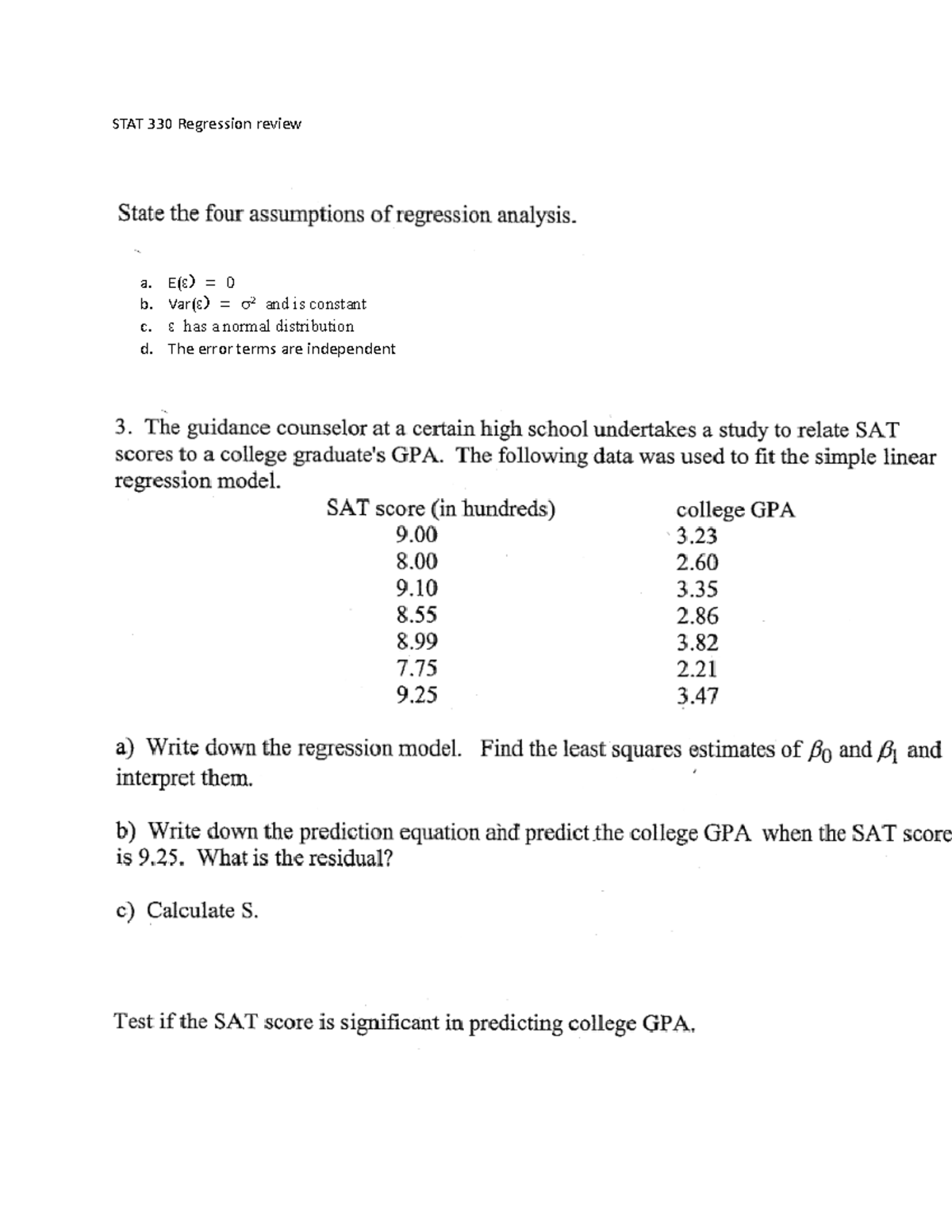 STAT 330 Regression review - STAT 330 Regression review a. E( b. Var( and is constant - Studocu