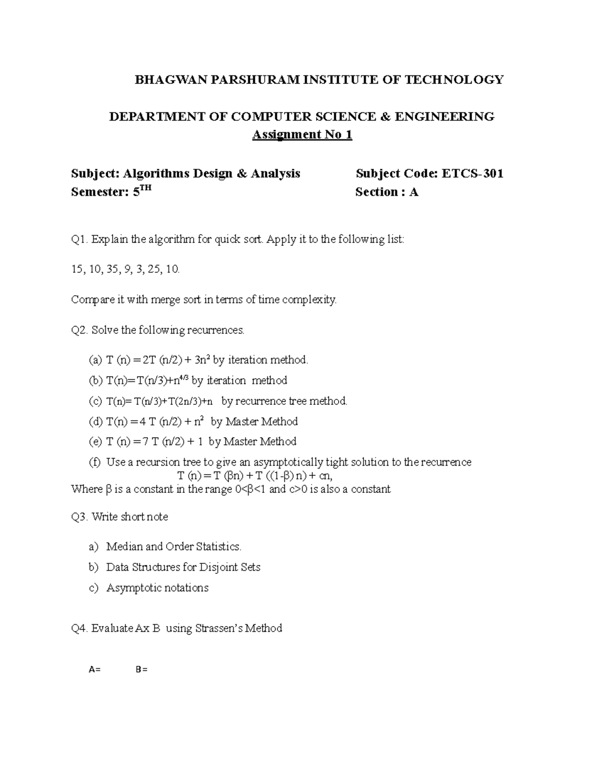 DAA Assignment - by abhay sharma - BHAGWAN PARSHURAM INSTITUTE OF ...