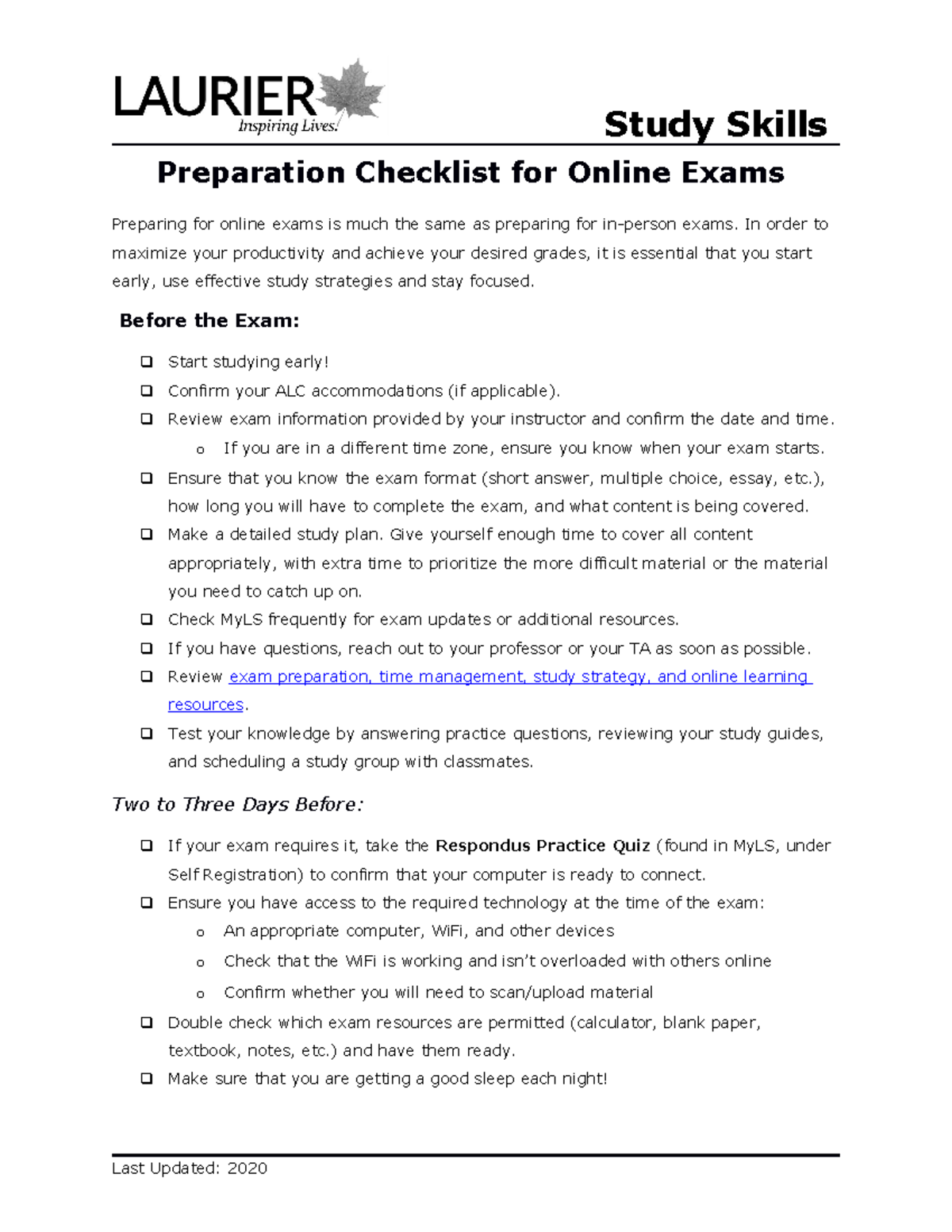 Preparing for online exams checklist - Study Skills Preparation ...