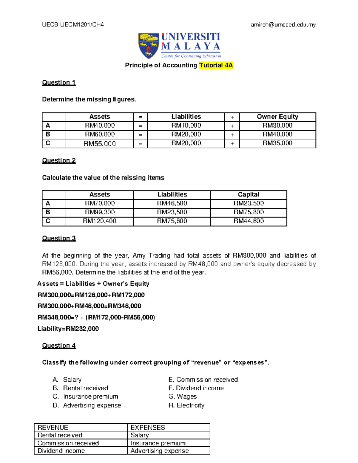 Tutorial 4 Answers For Introductory of Accounting - Principle of ...