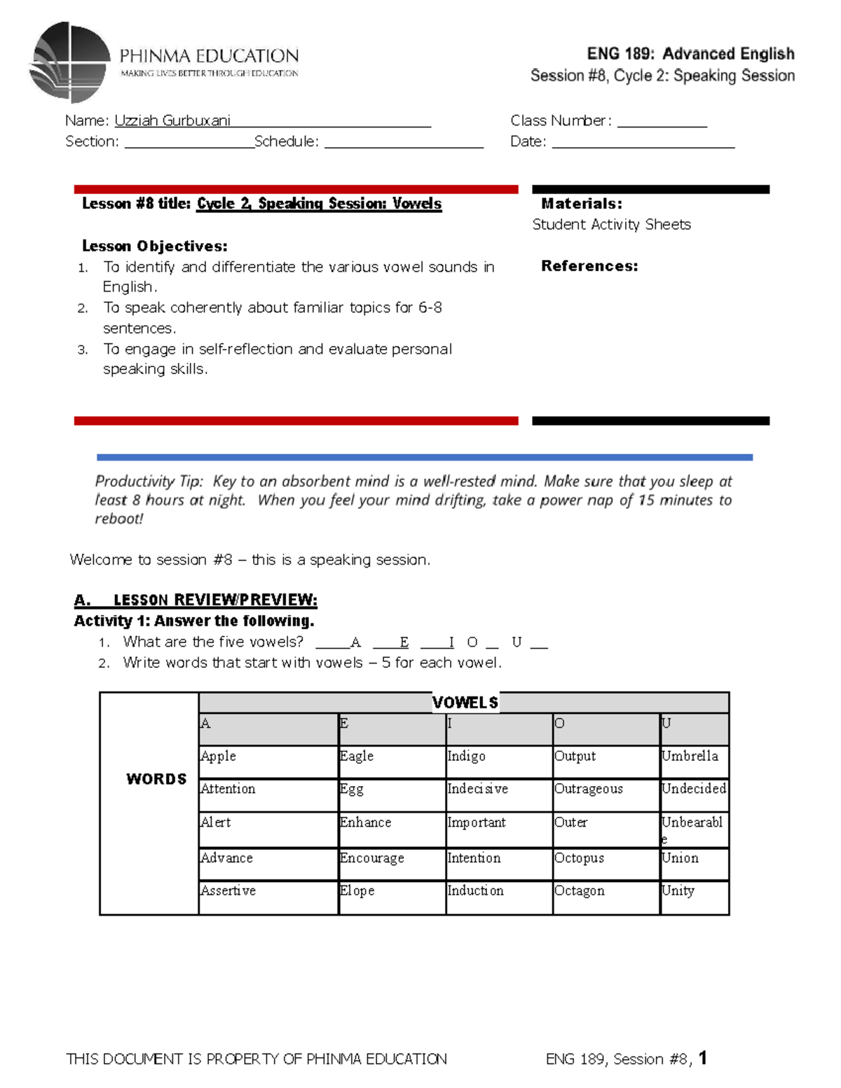 ENG 189 SAS#8 speaking 2324 - Lesson #8 title: Cycle 2, Speaking ...
