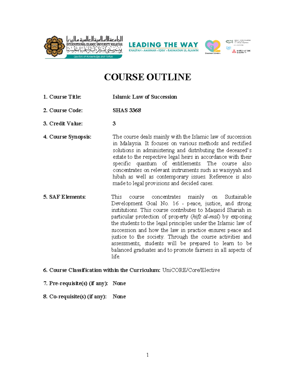 SHAS 3368 ( Islamic LAW OF Succession) - COURSE OUTLINE Course Title ...