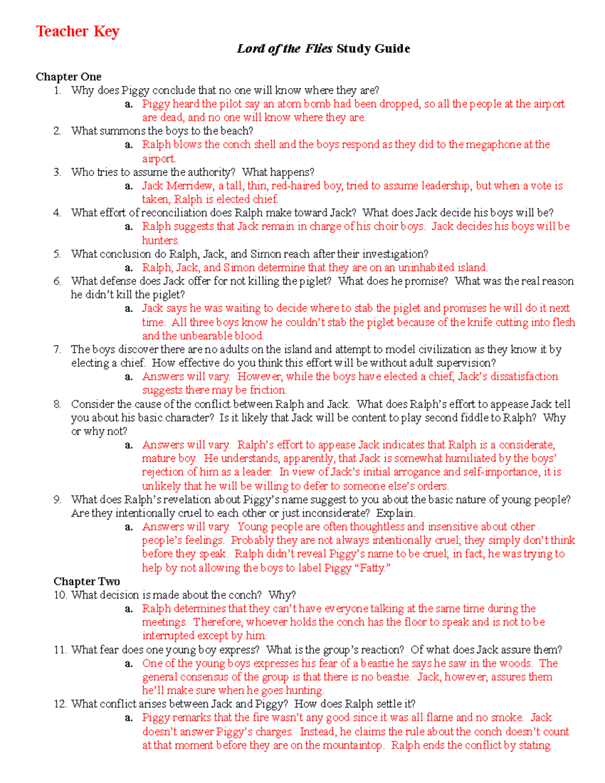 Lord of the Flies Study Guide KEY 2 - Teacher Key Lord of the Flies ...